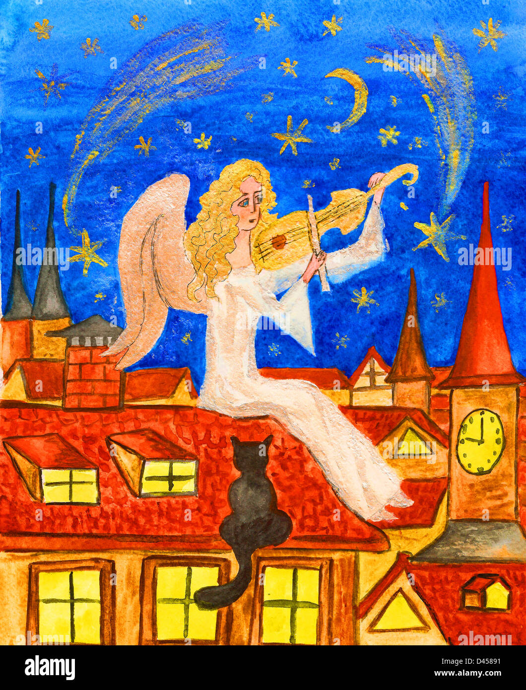 Angel with violin, hand painted picture, watercolours, details with ...