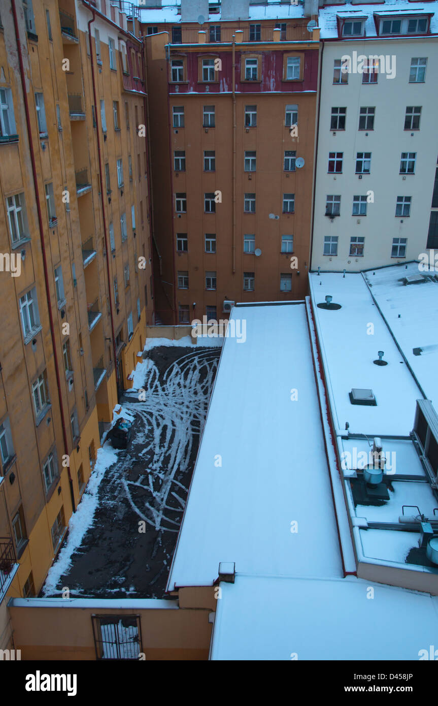 Courtyard of residential building during winter Zizkov district Prague ...