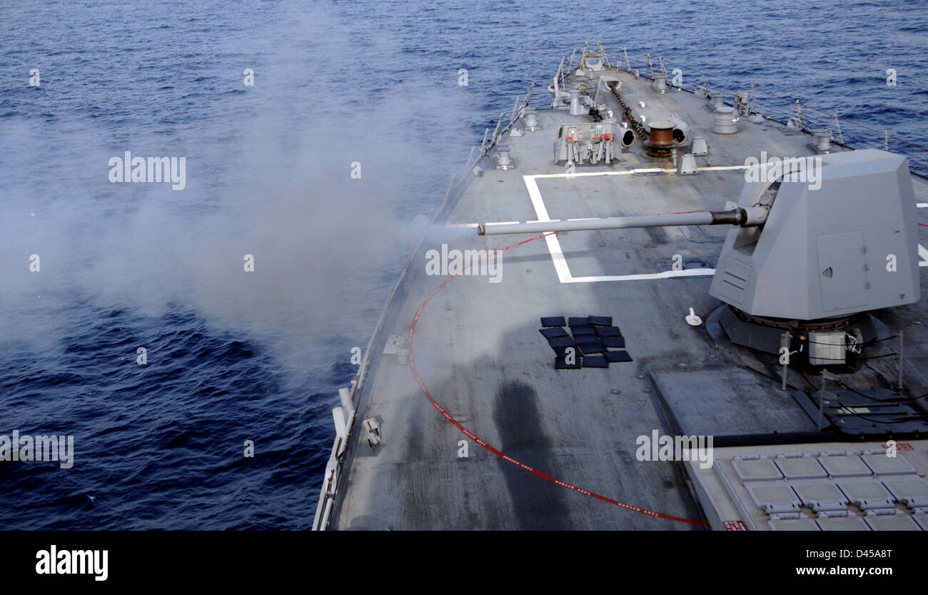 The MK-45 5-inch/54-caliber lightweight gun aboard the USS Halsey (DDG ...