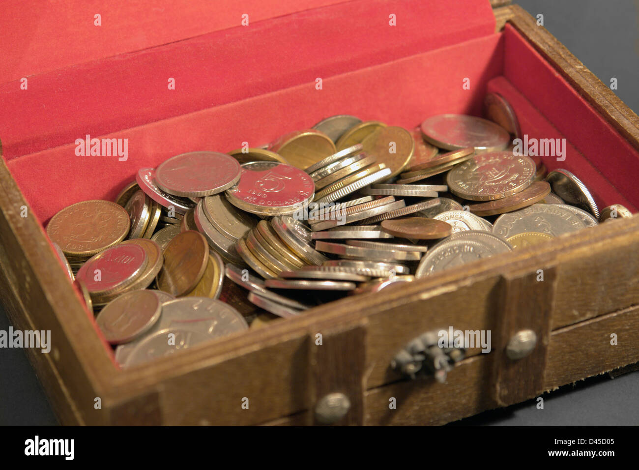 money background with lots of coins in a treasure chest Stock Photo - Alamy