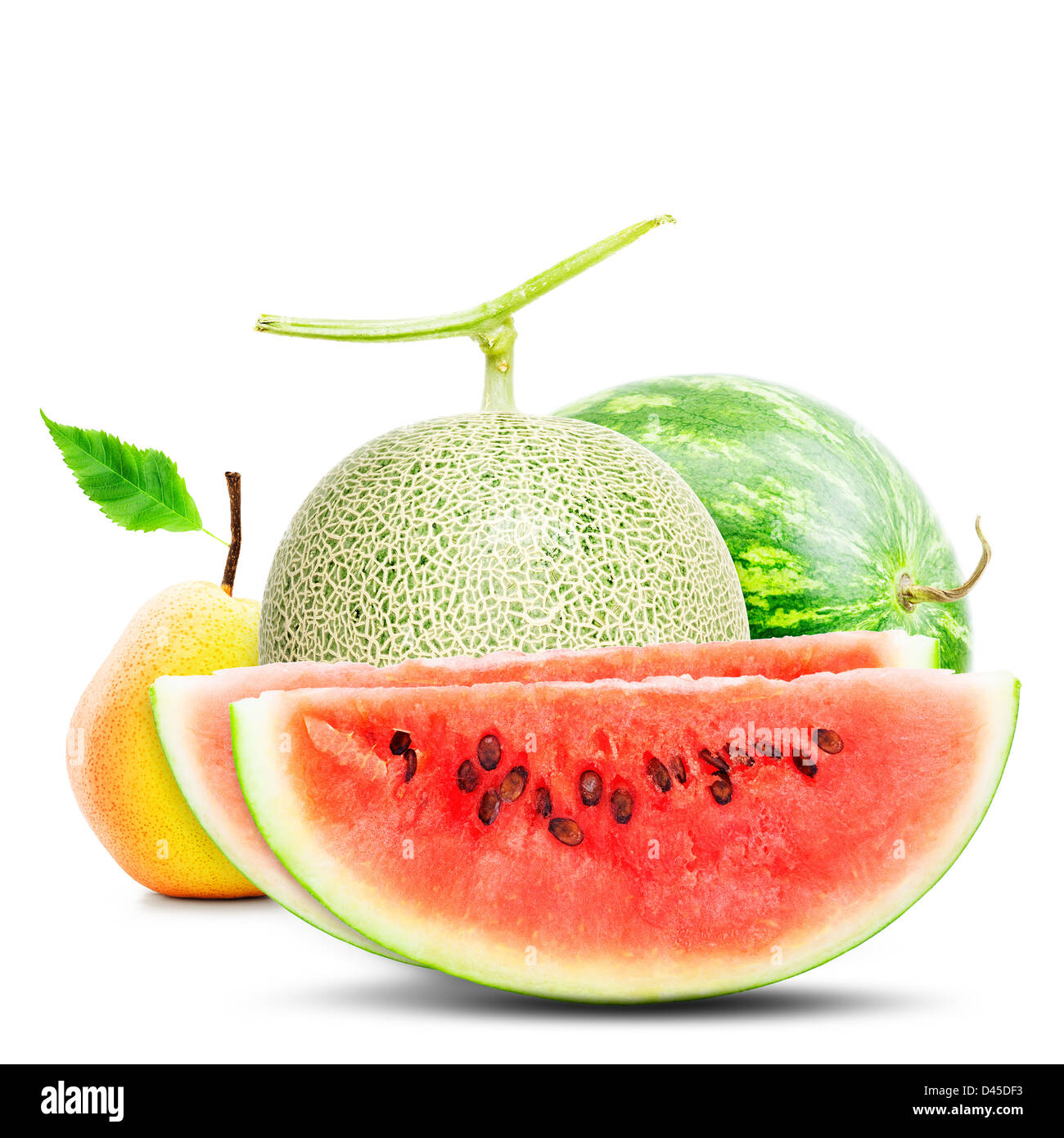 Fruits composition. Melon, pear, watermelon and cantaloupe Stock Photo ...