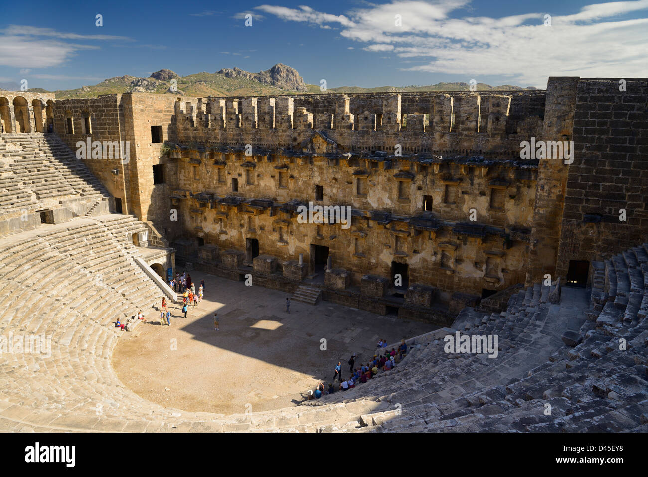 View of Aspendos ancient Roman theater stage facade and distant hills ...