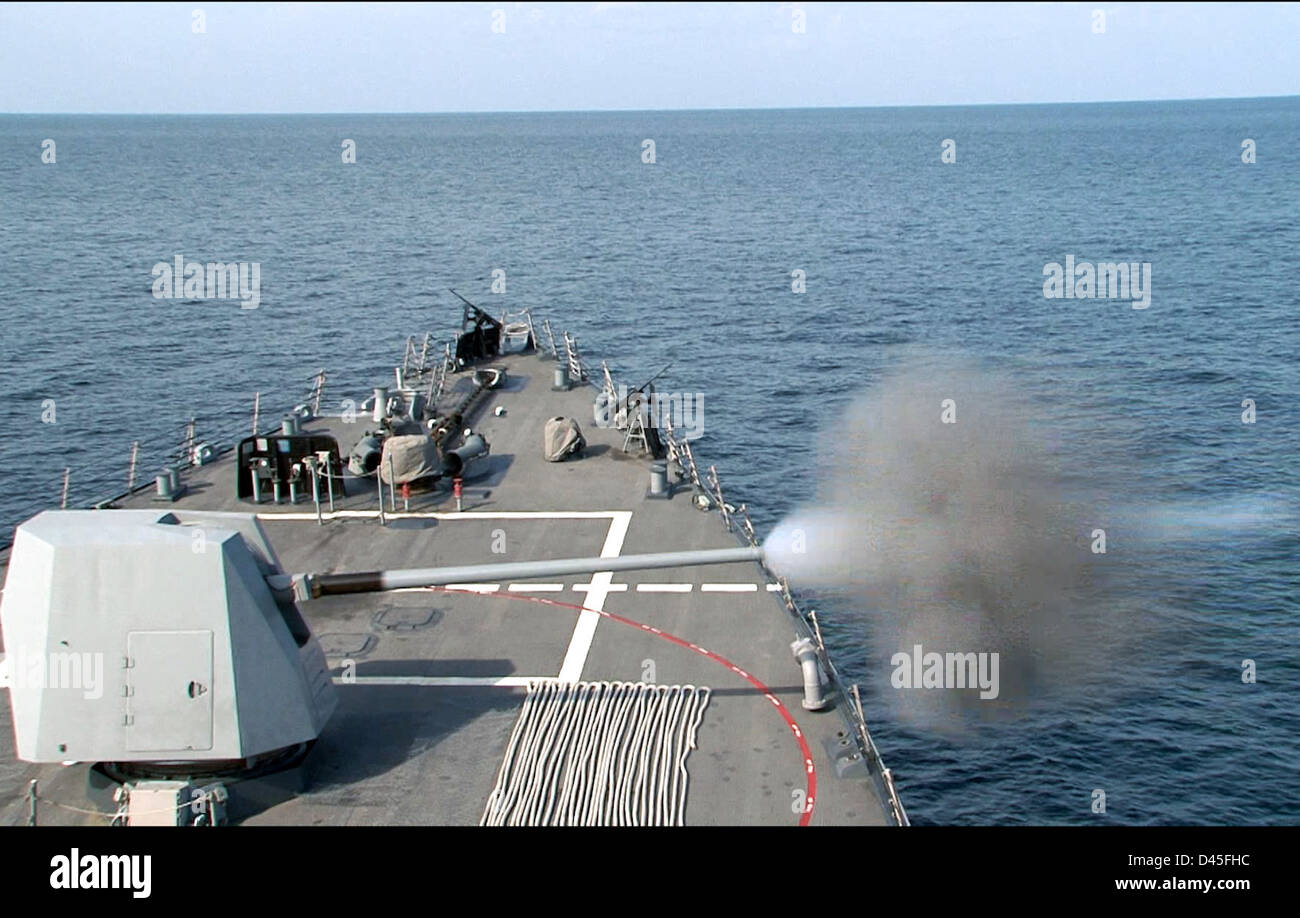 A 5-inch naval gun aboard the USS Winston S. Churchill fires during ...
