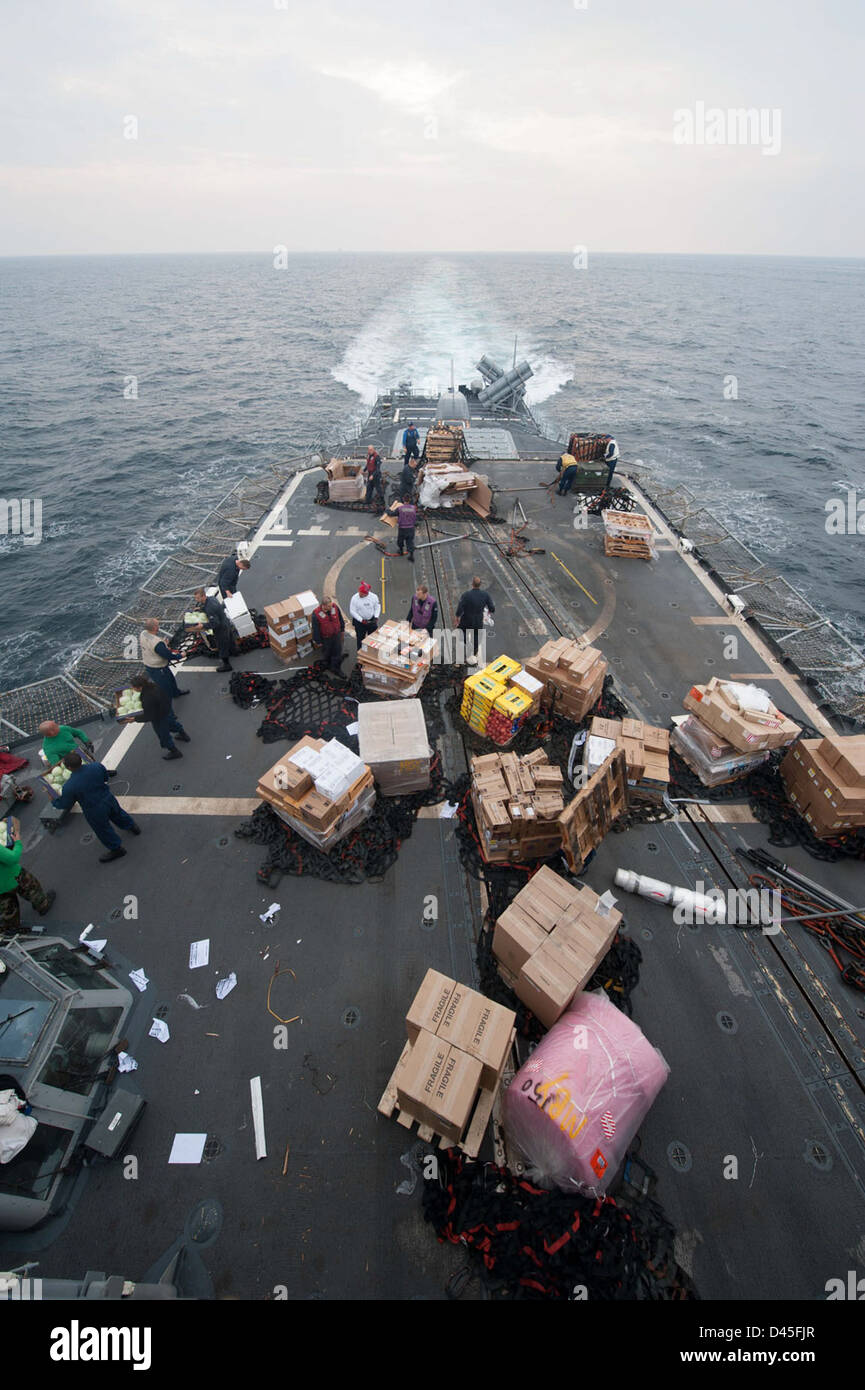 Sailors move supplies aboard USS Mobile Bay Stock Photo - Alamy