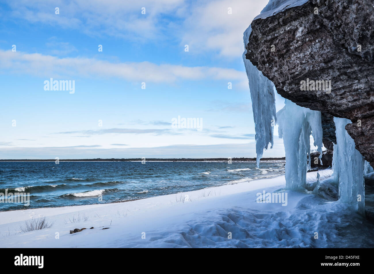 Icy limestone cliffs at the coast of the swedish island Öland in the ...