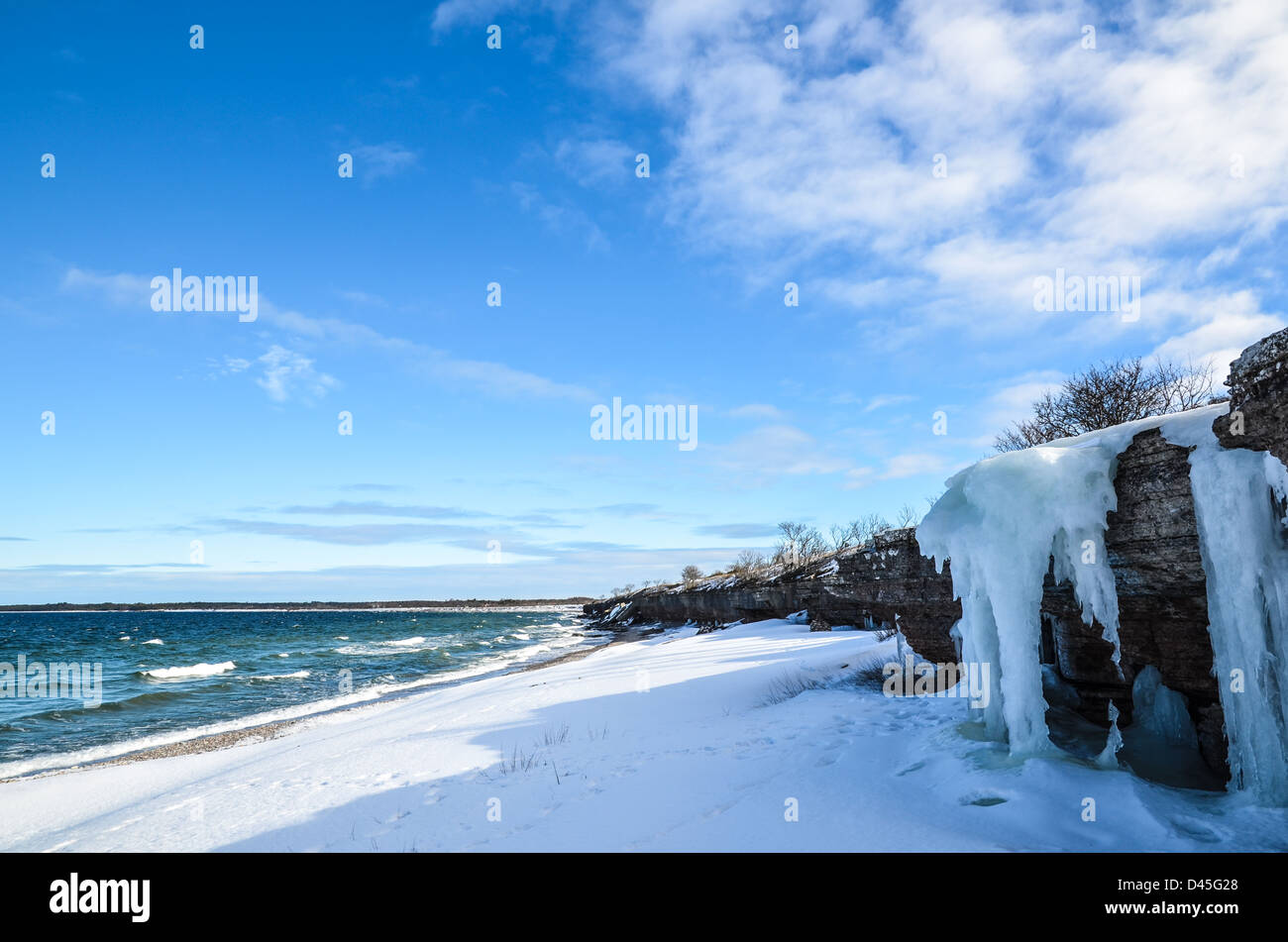 Icy limestone cliffs at the coast of the swedish island Öland in the ...