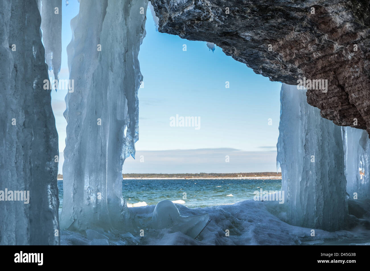 Icy limestone cliffs at the coast of the swedish island Öland in the ...
