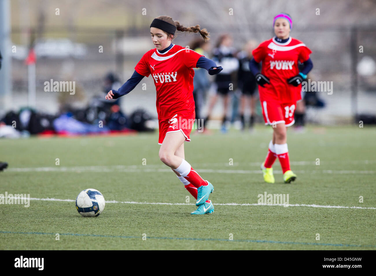 Teen Girls Soccer Action Stock Photo Alamy