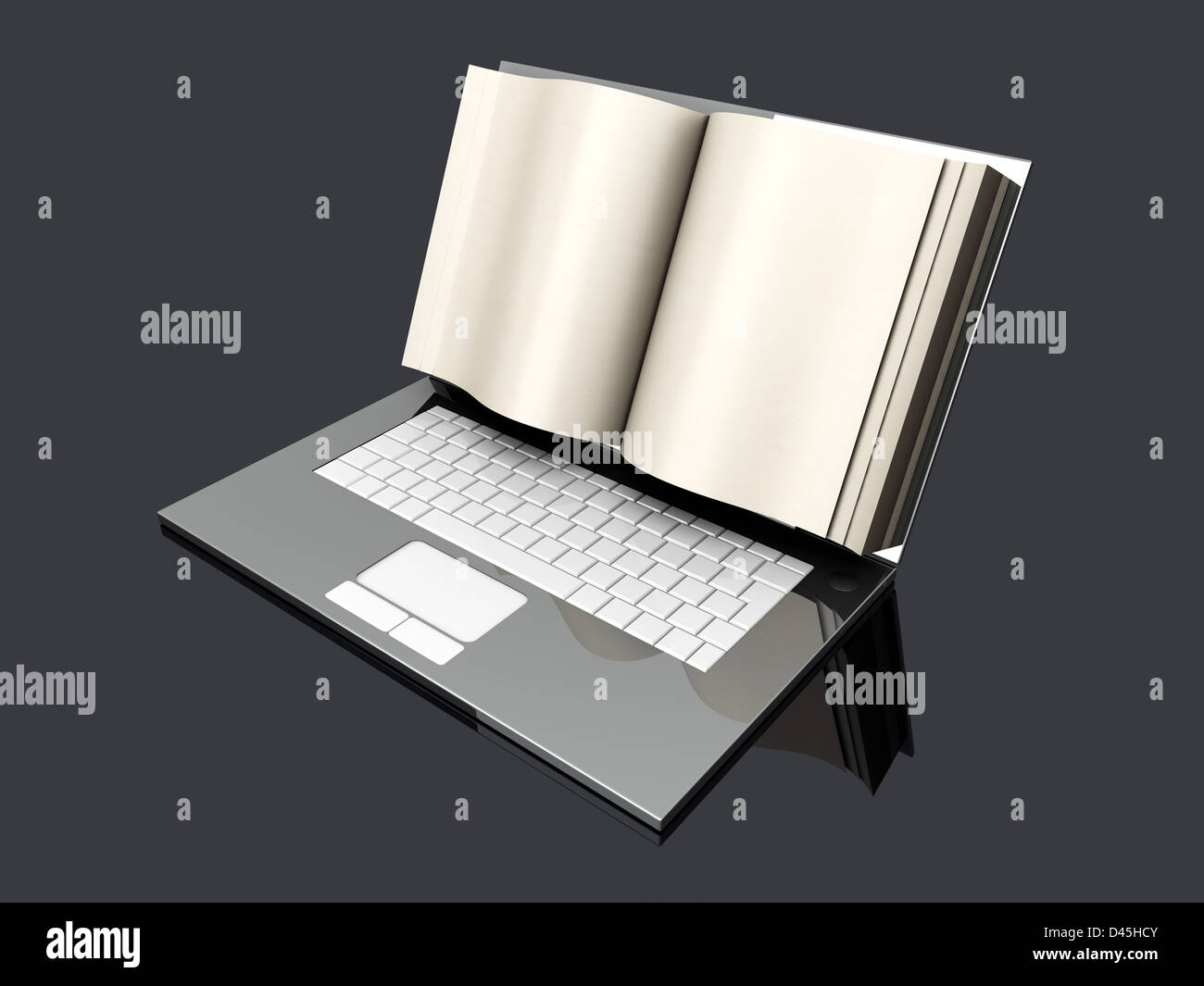 A digital book on a laptop screen. Symbolic 3D rendered Illustration ...