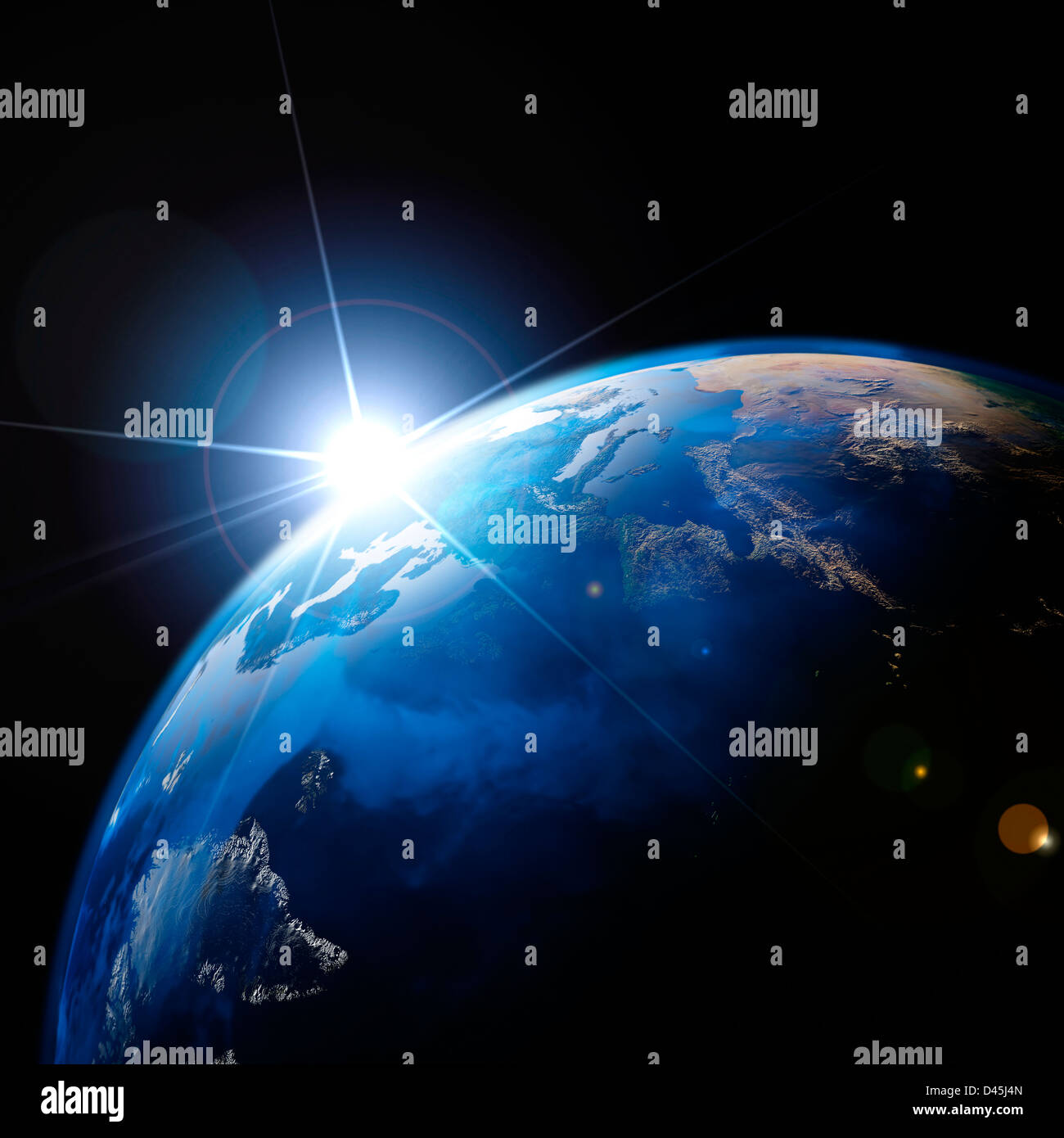 Sunrise over the Earth globe with bright sun flare isolated on black ...
