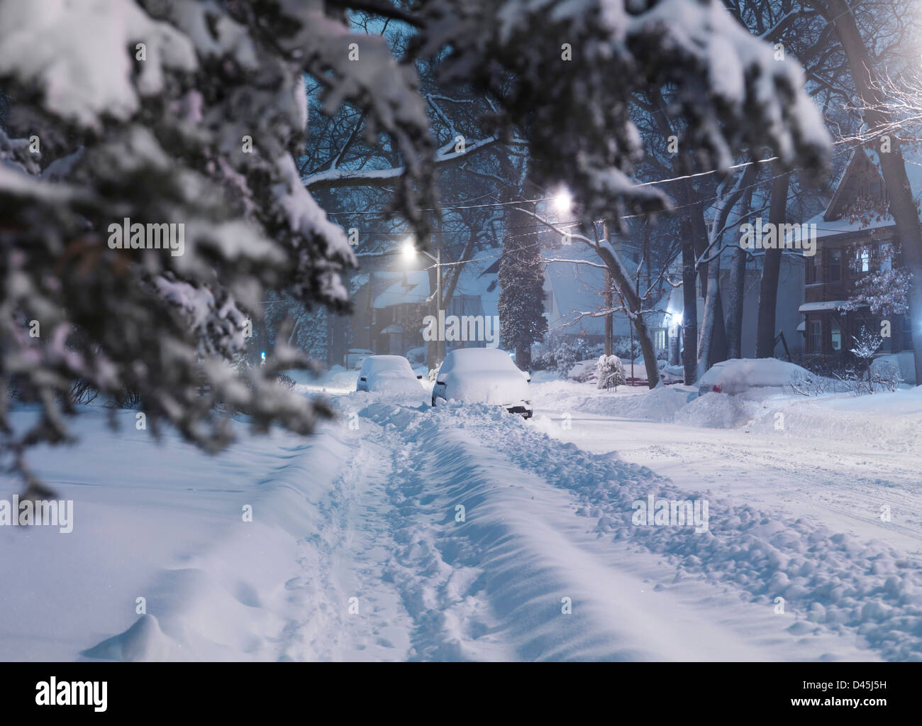 Winter scenery of a snow covered city street after a storm. Toronto ...