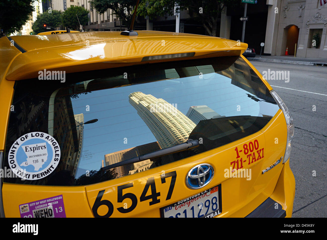 downtown los angeles reflected taxi window Stock Photo - Alamy