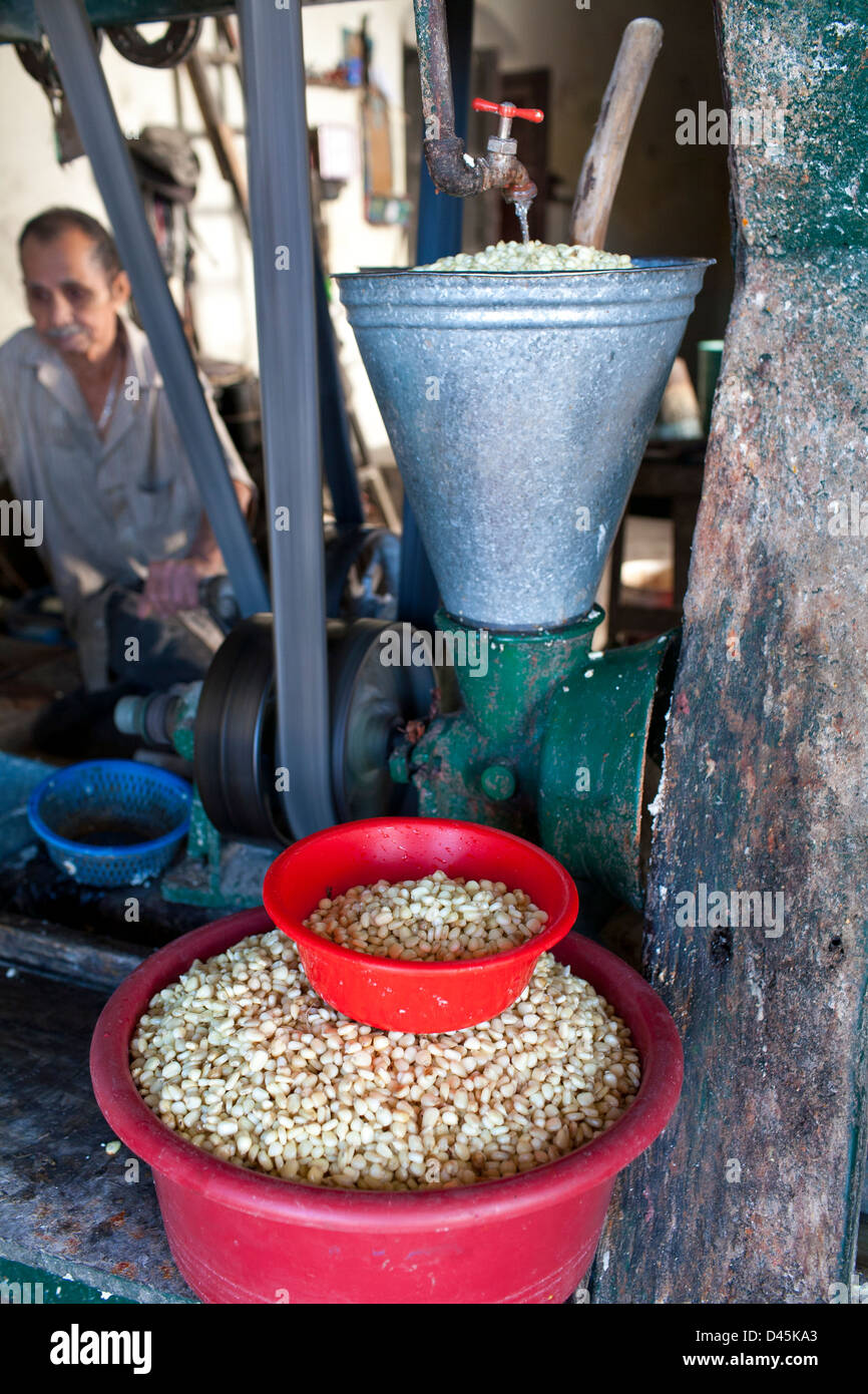 A woman woman using the community molina mill to grind her corn in the ...