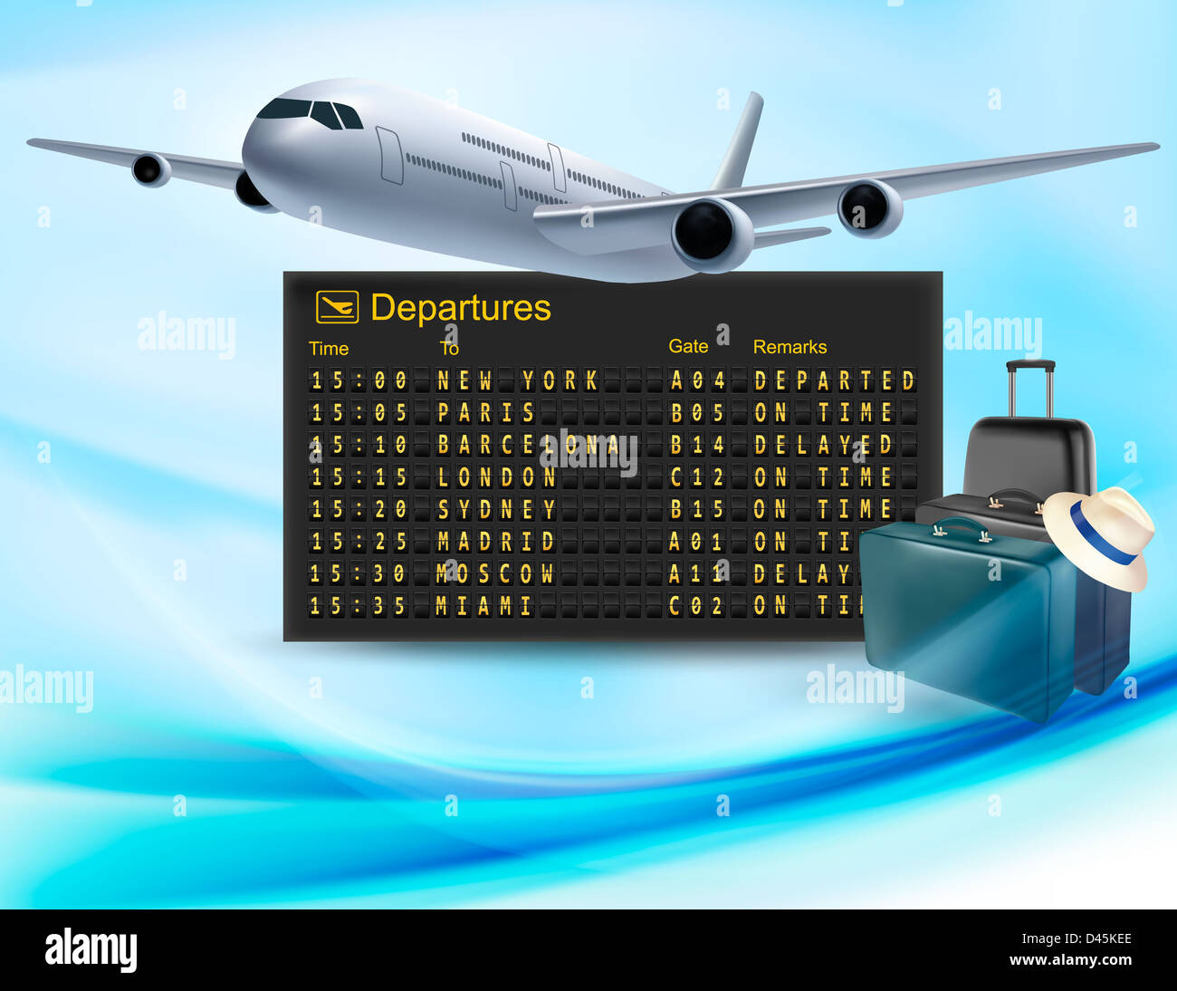 Travel background with mechanical departures board and airline. Vector ...
