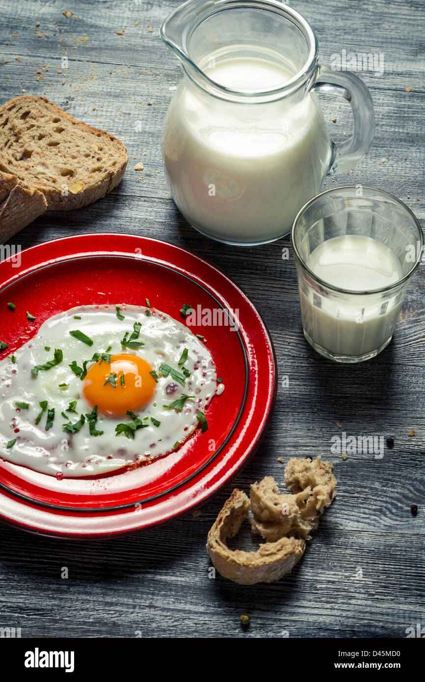 Breakfast of eggs, bread and milk Stock Photo - Alamy