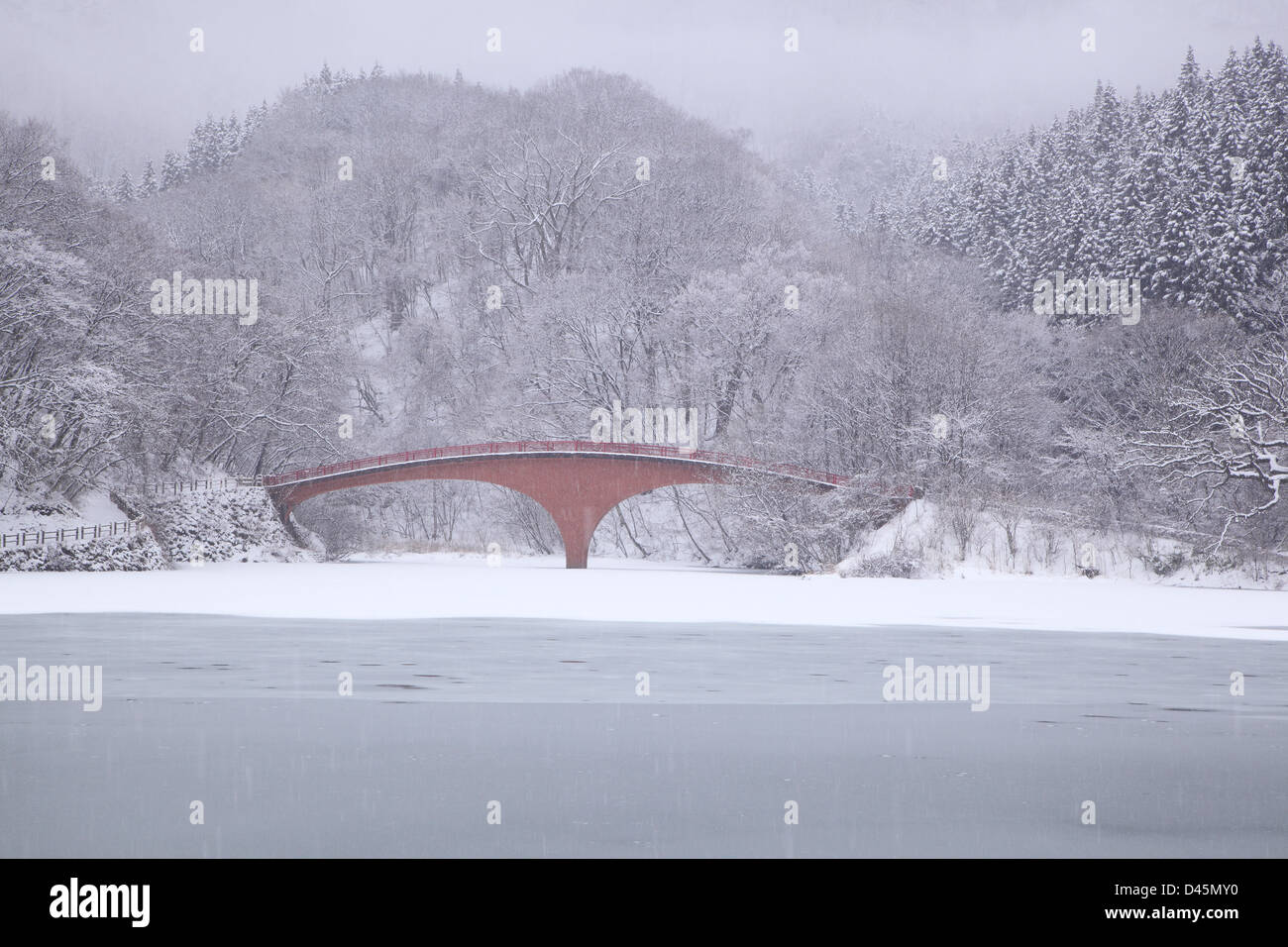 Frozen Lake Usui and bridge in winter, Gunma, Japan Stock Photo - Alamy