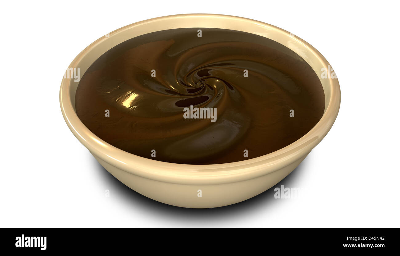 A cream colored bowl with a liquid chocolate mixture in it brought to a ...