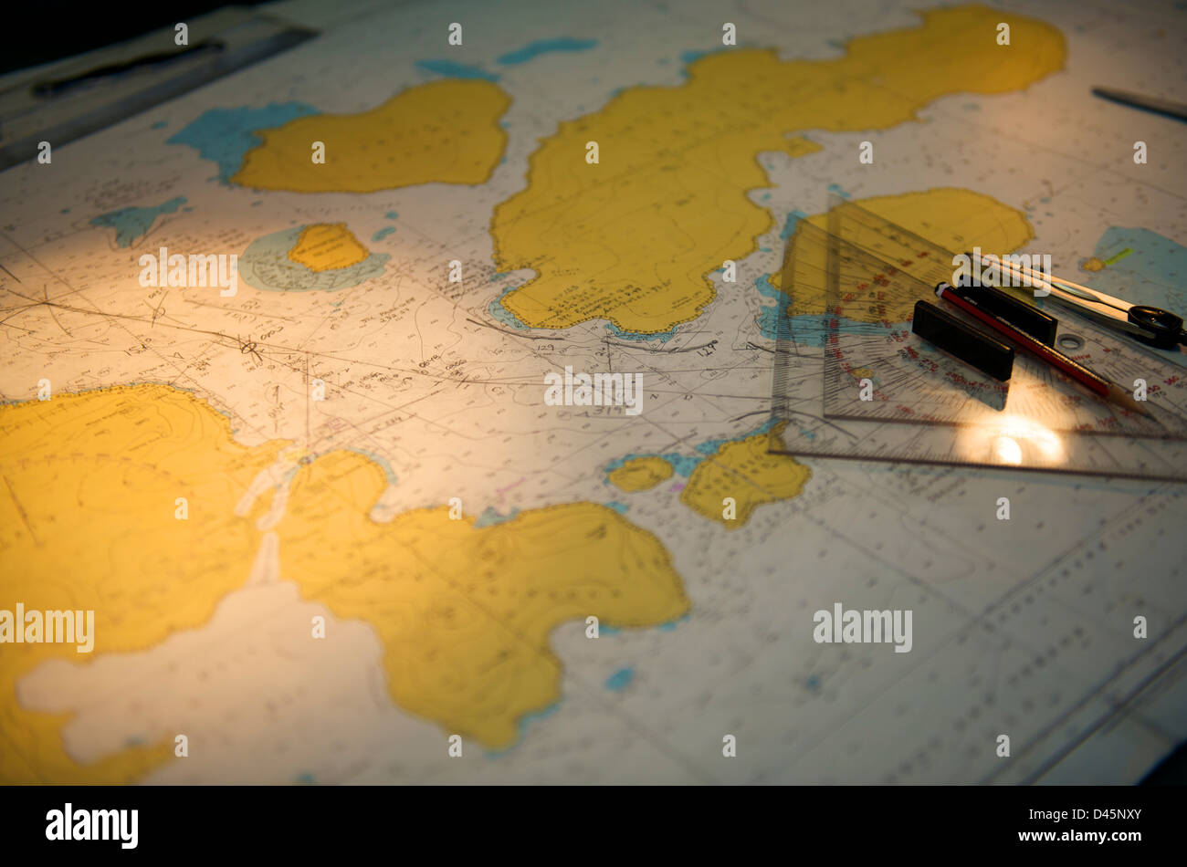 Details of a navigation map in use on a ship's bridge during the ...