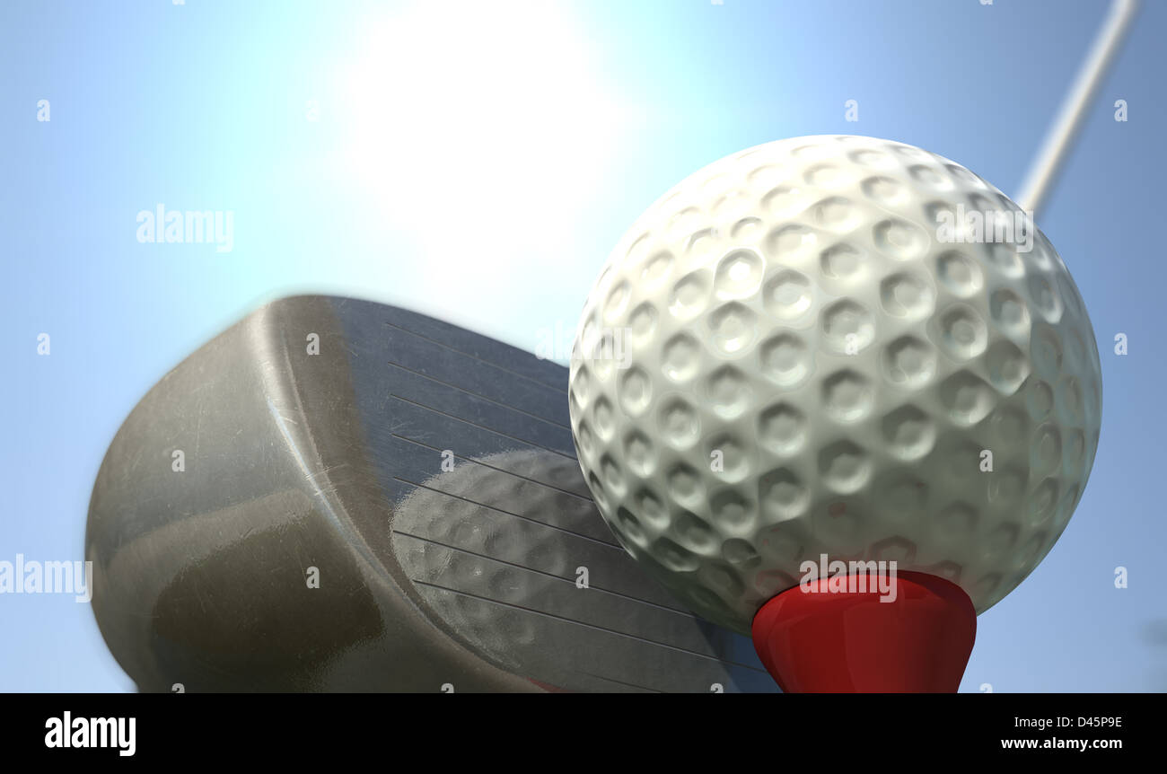 A golf ball perched on its tee with a wood in ready to be teed off ...