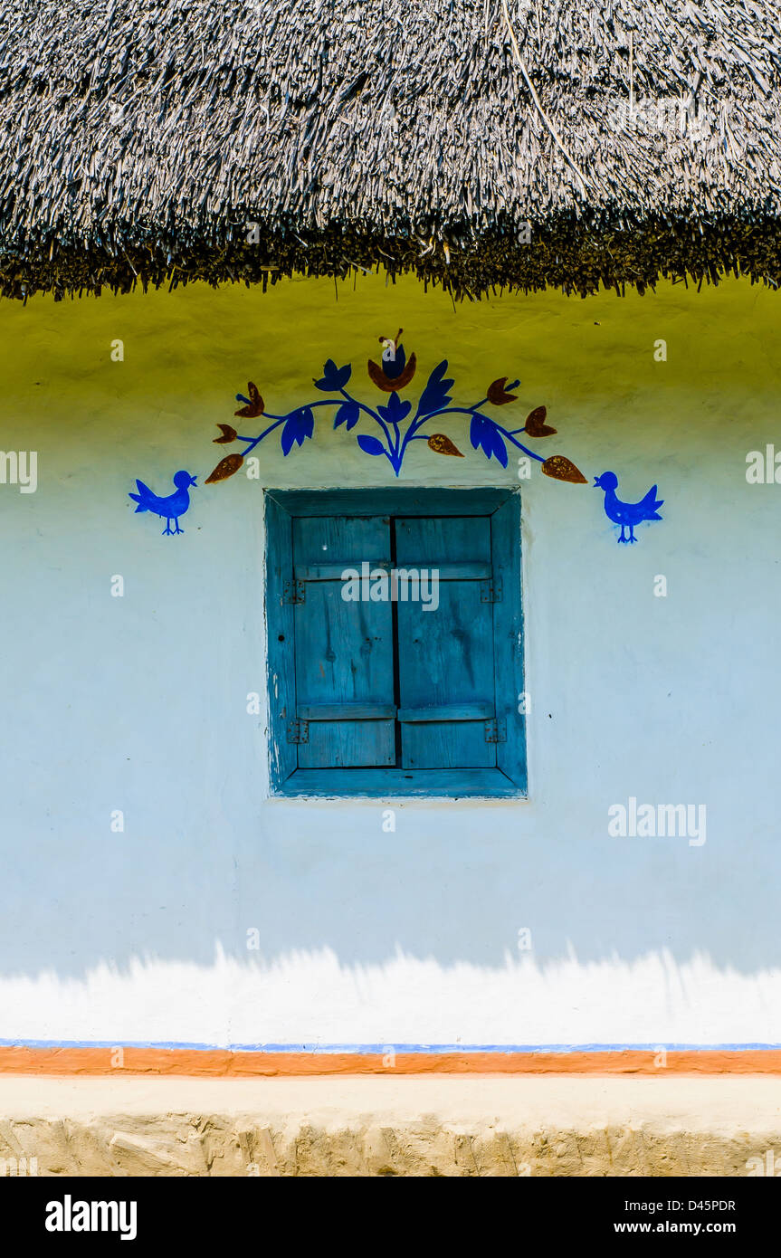 Detail of a window of a typical ukrainian antique house, in Pirogovo ...