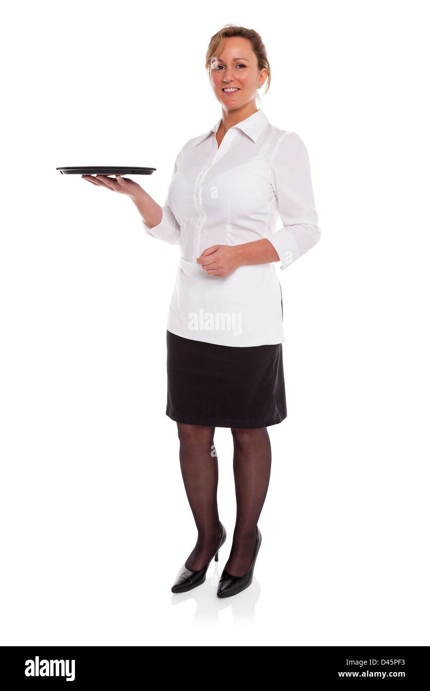 Full length photo of a waitress holding an empty tray, isolated on a ...