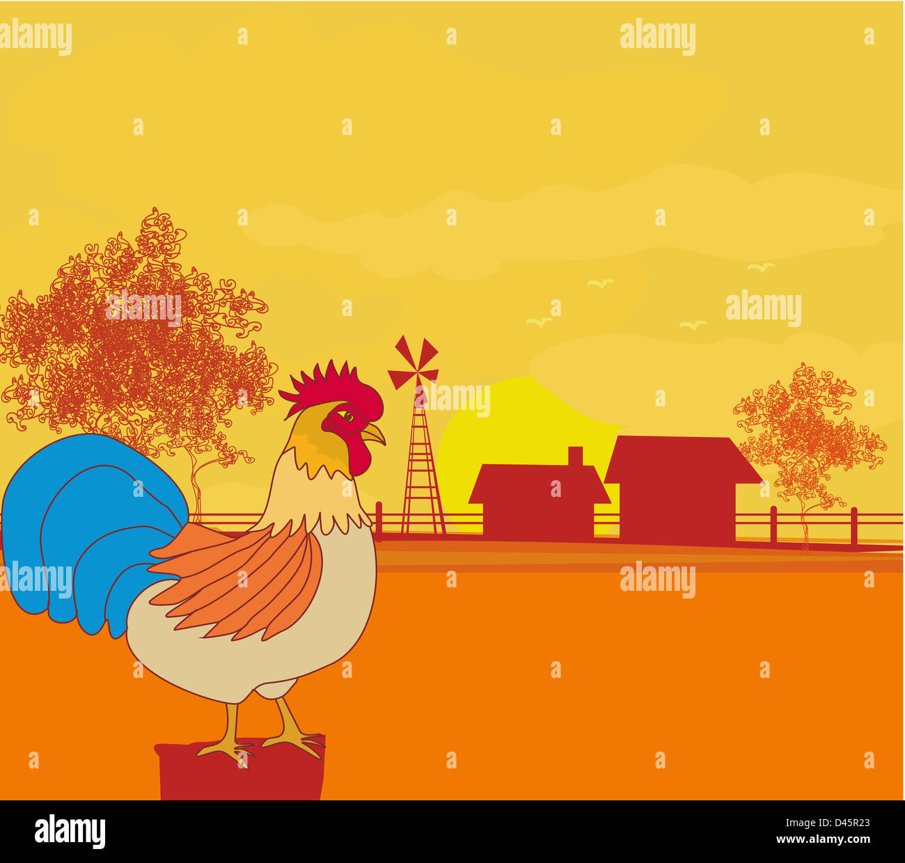 illustrations of crowing rooster on farm backgrounds Stock Photo - Alamy