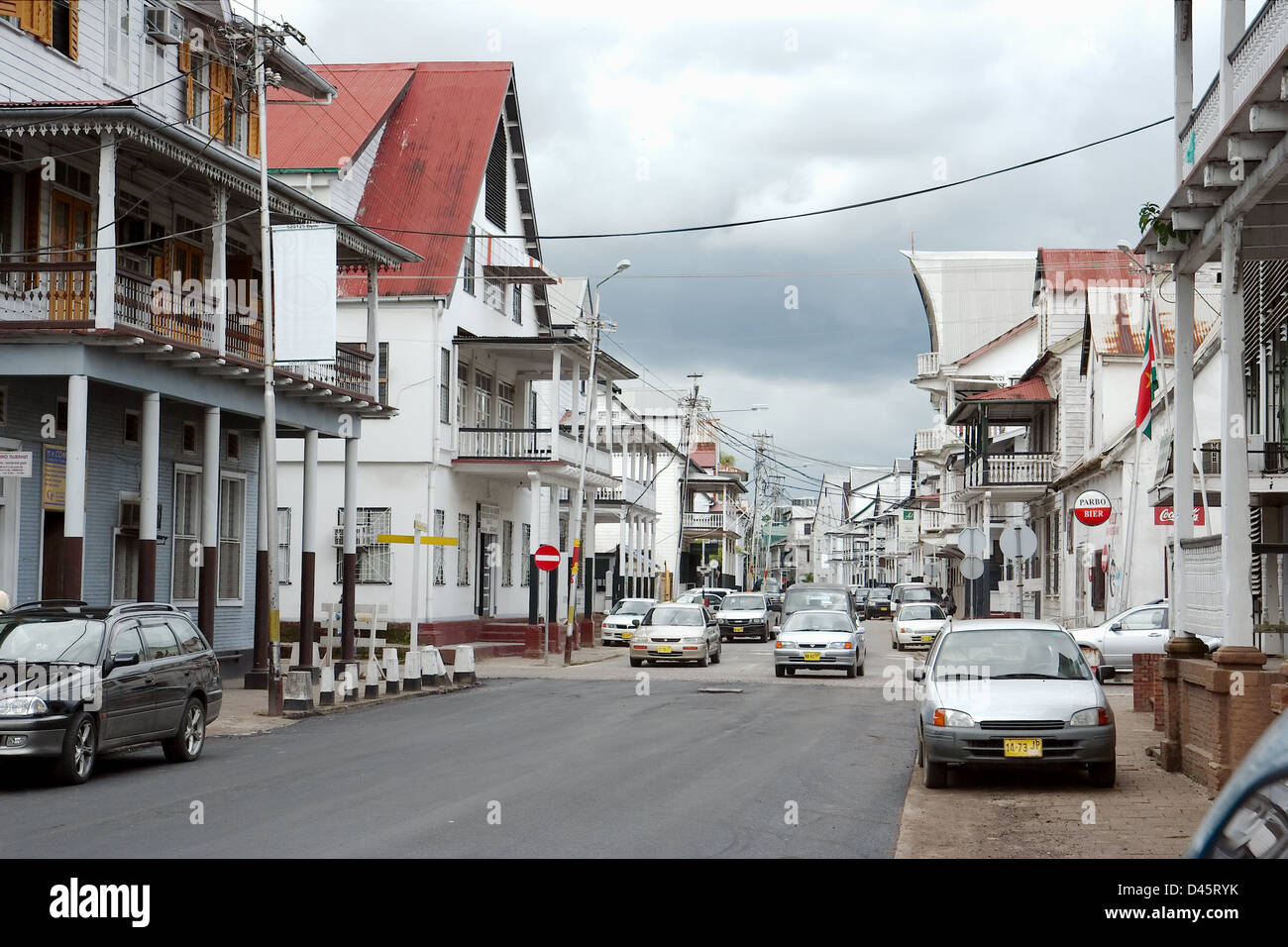 The white timbered Dutch colonial buildings Paramaribo, Surinam Stock ...