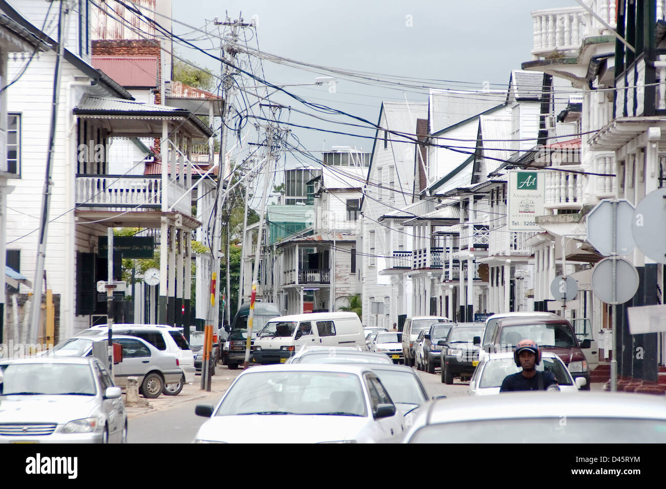 The white timbered Dutch colonial buildings Paramaribo, Surinam Stock ...