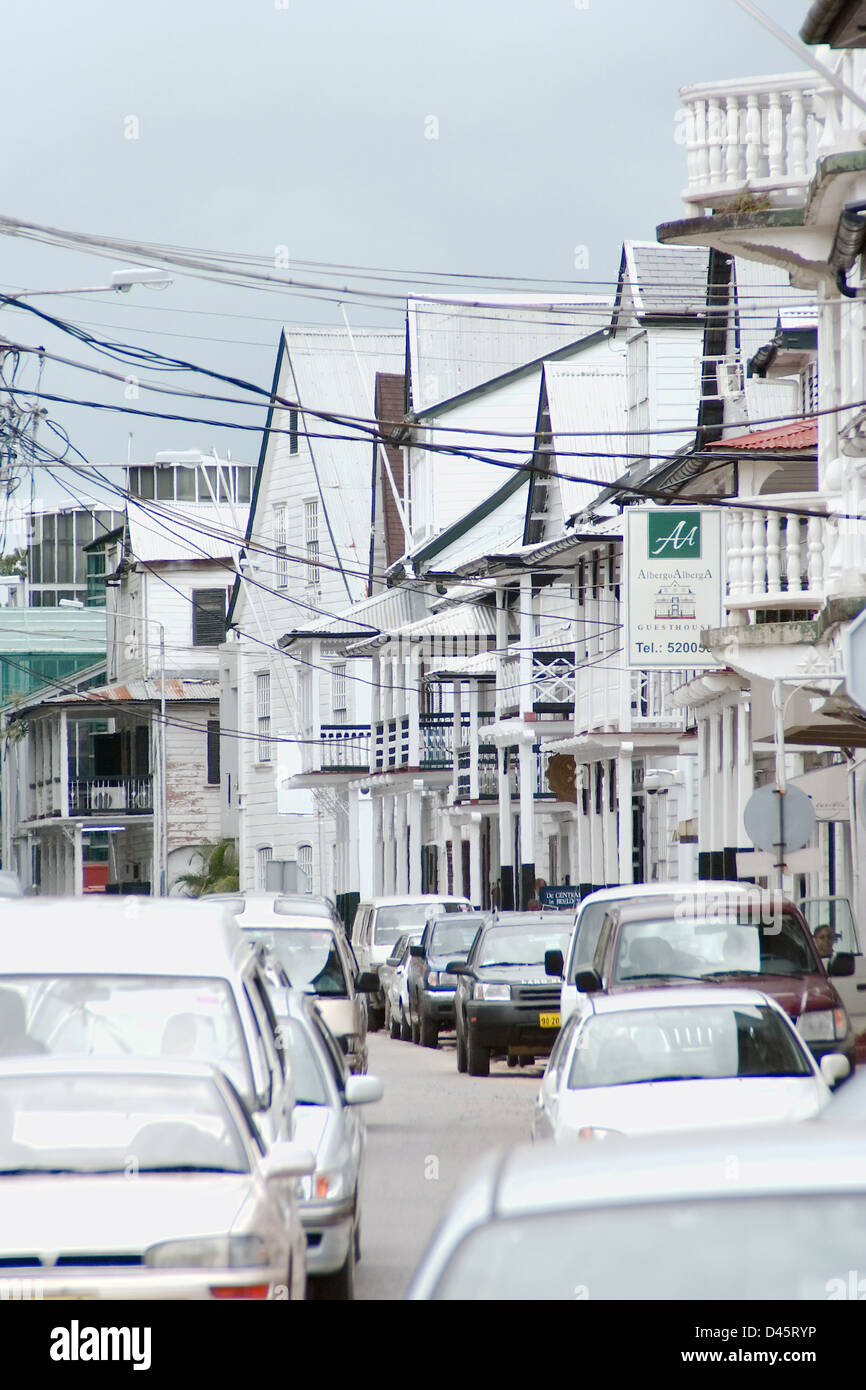 The white timbered Dutch colonial buildings Paramaribo, Surinam Stock ...