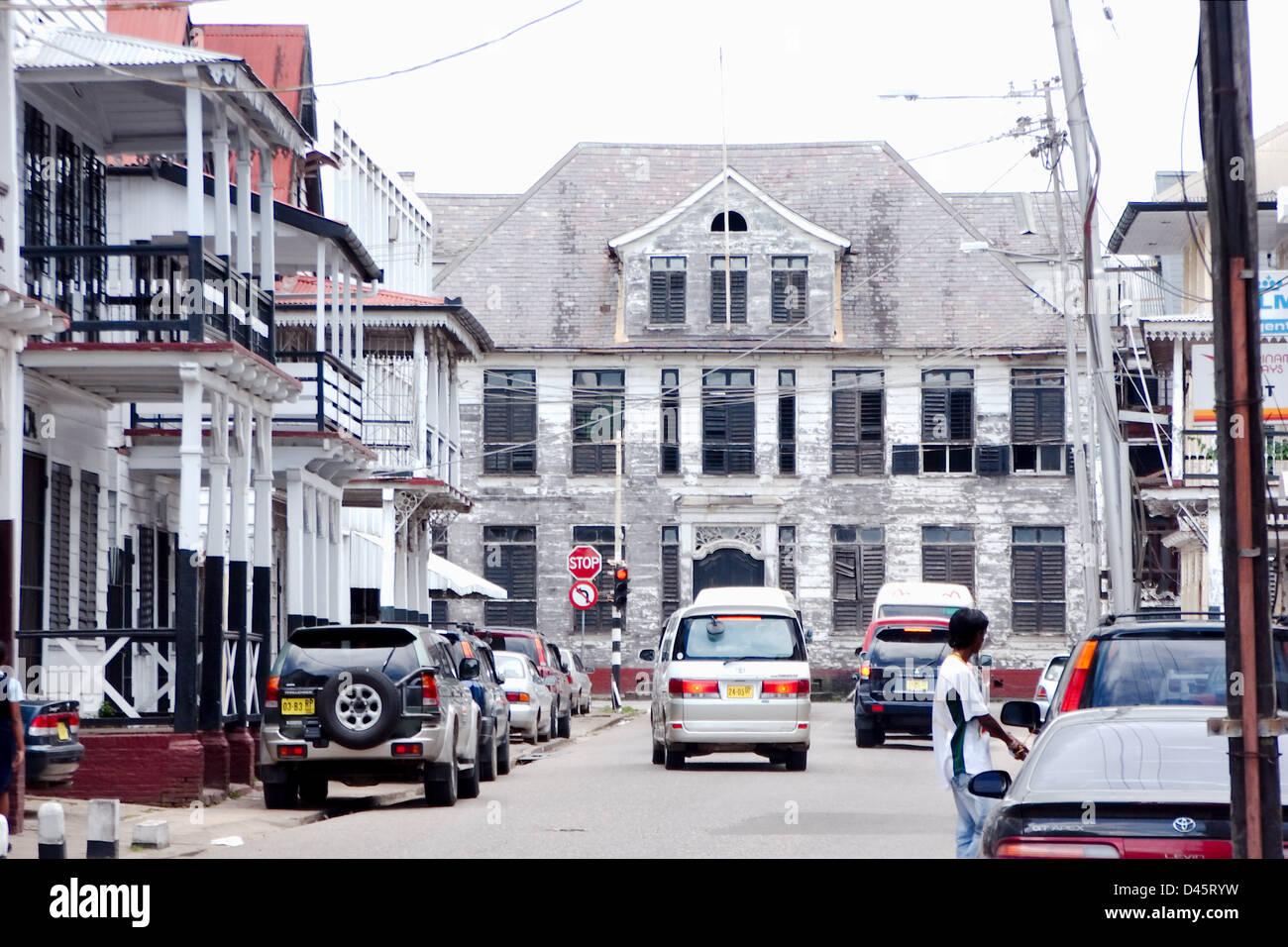 The white timbered Dutch colonial buildings Paramaribo, Surinam Stock ...