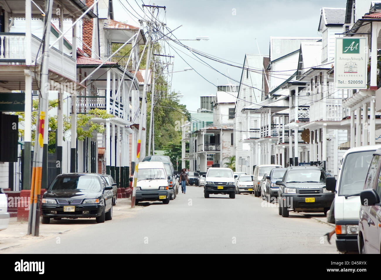 The white timbered Dutch colonial buildings Paramaribo, Surinam Stock ...