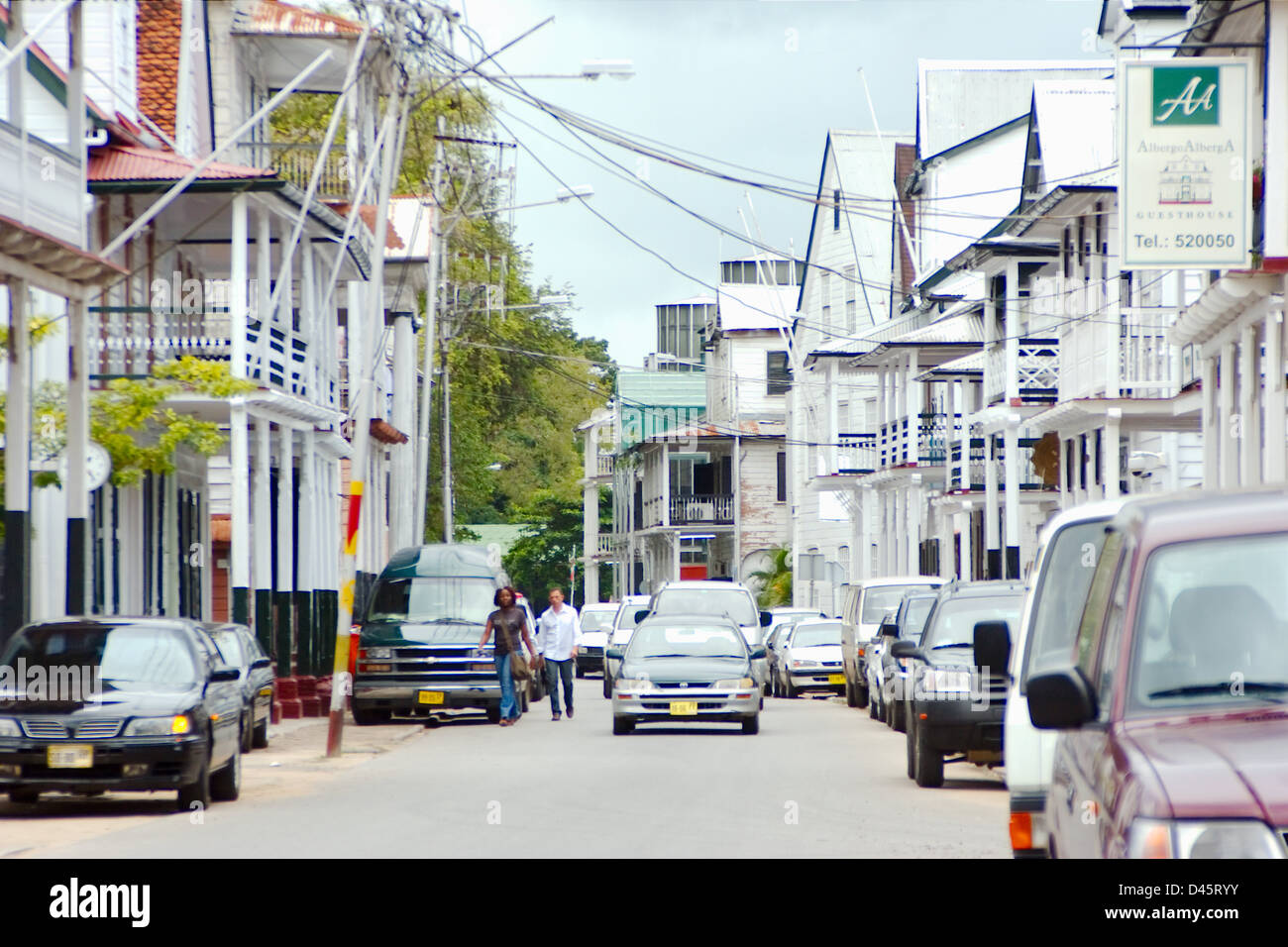 The white timbered Dutch colonial buildings Paramaribo, Surinam Stock ...