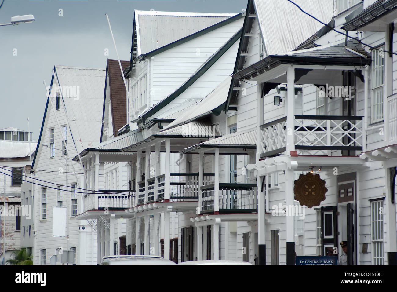 The white timbered Dutch colonial buildings Paramaribo, Surinam Stock ...