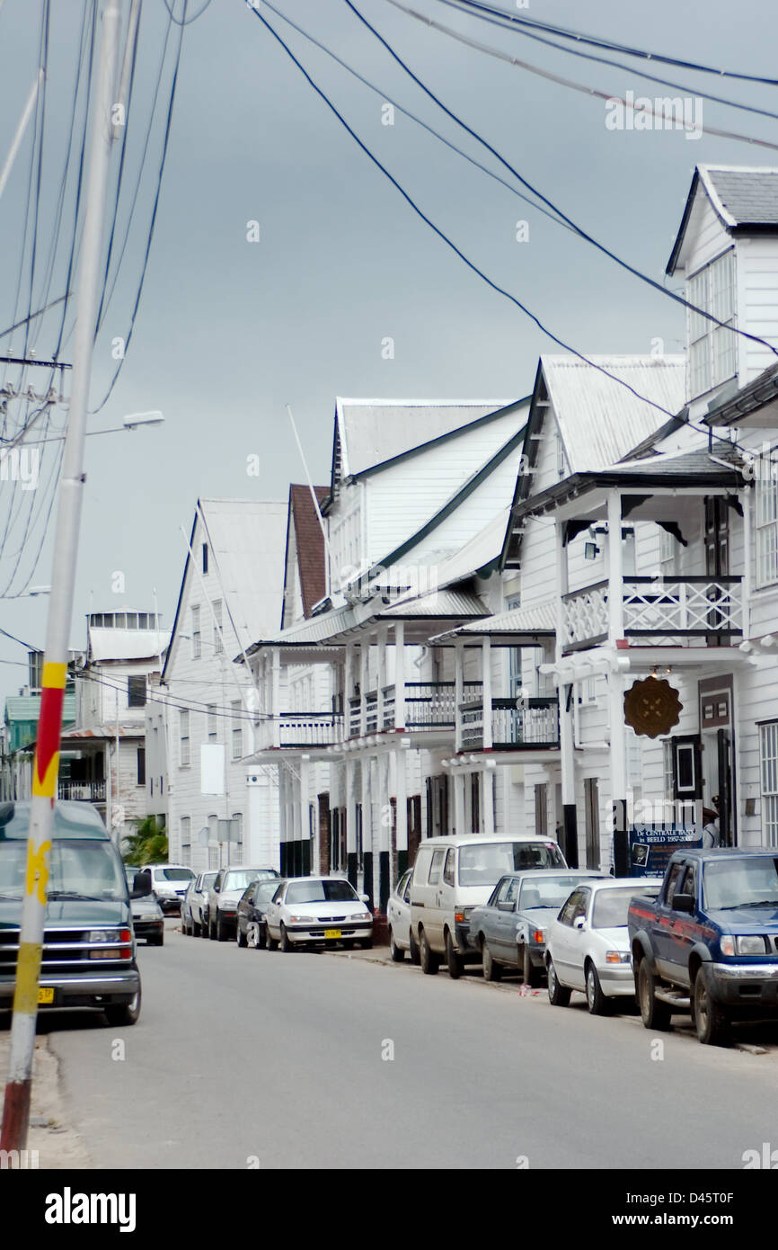 The white timbered Dutch colonial buildings Paramaribo, Surinam Stock ...