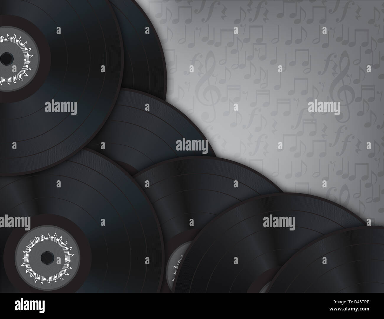 Vinyl Music Background with many vinyl disks in the left and bottom of ...
