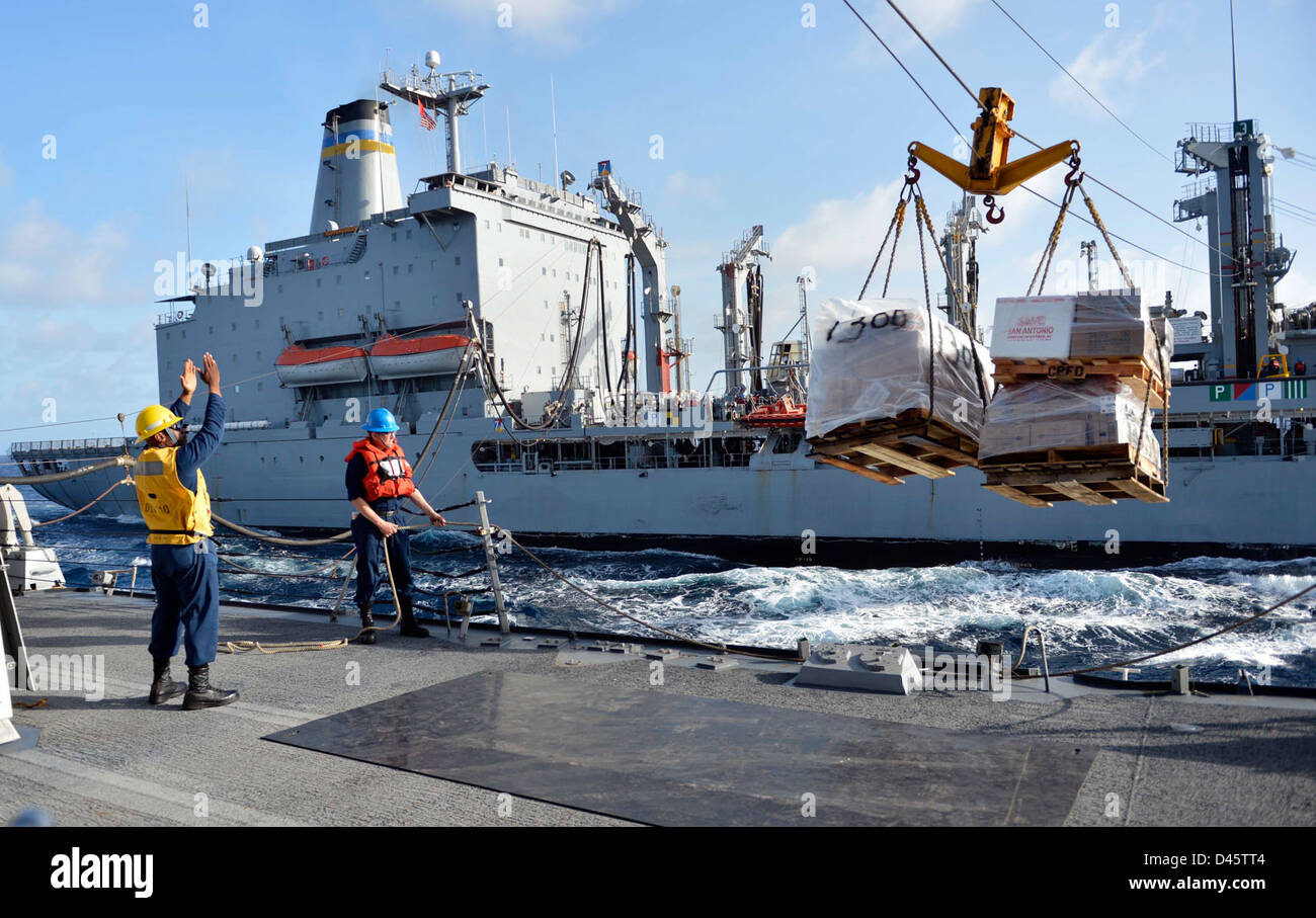 Sailors direct cargo transfer during a replenishment-at-sea operation ...