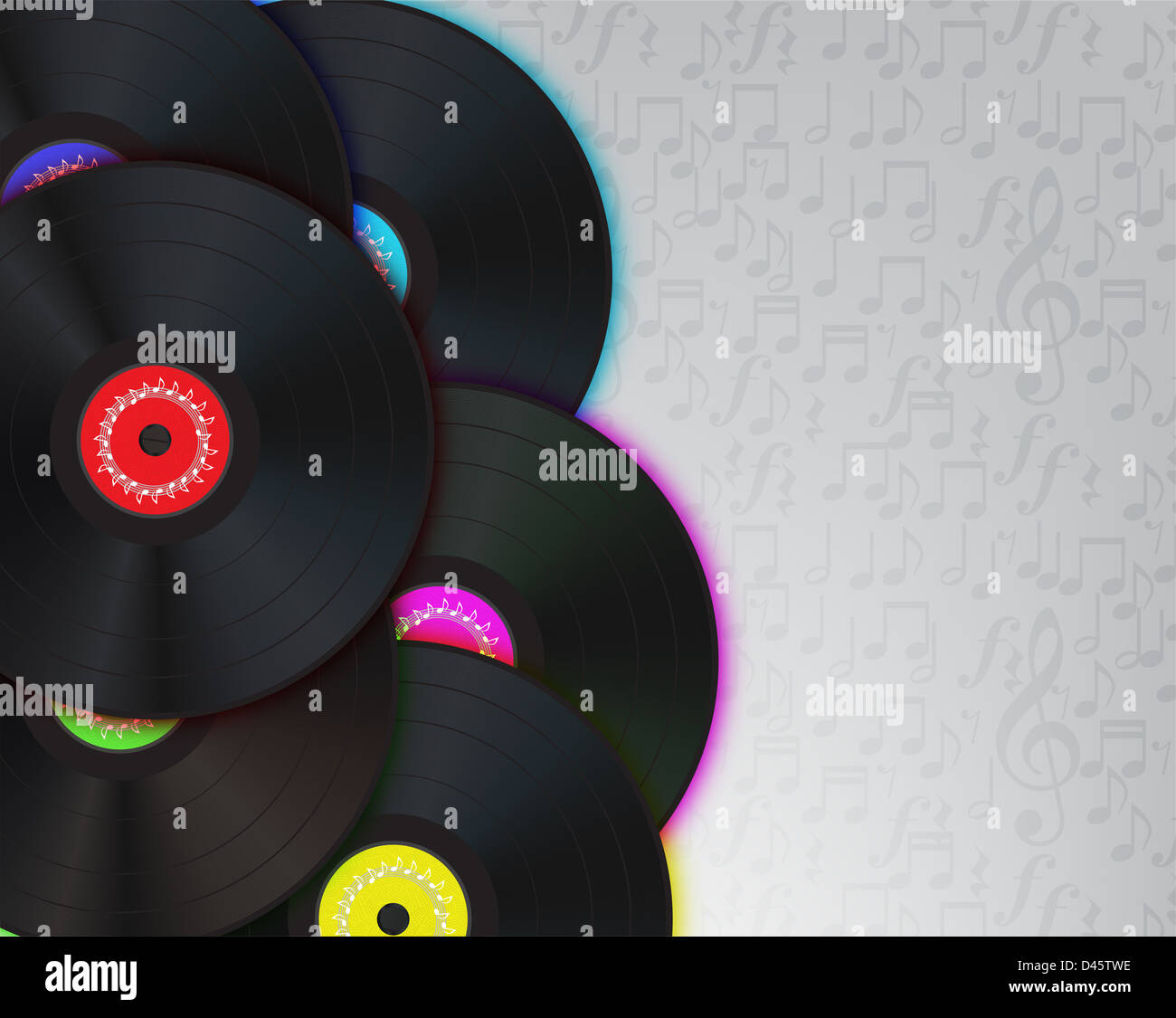 Vinyl Music Background with many vinyl disks in the left of the image ...