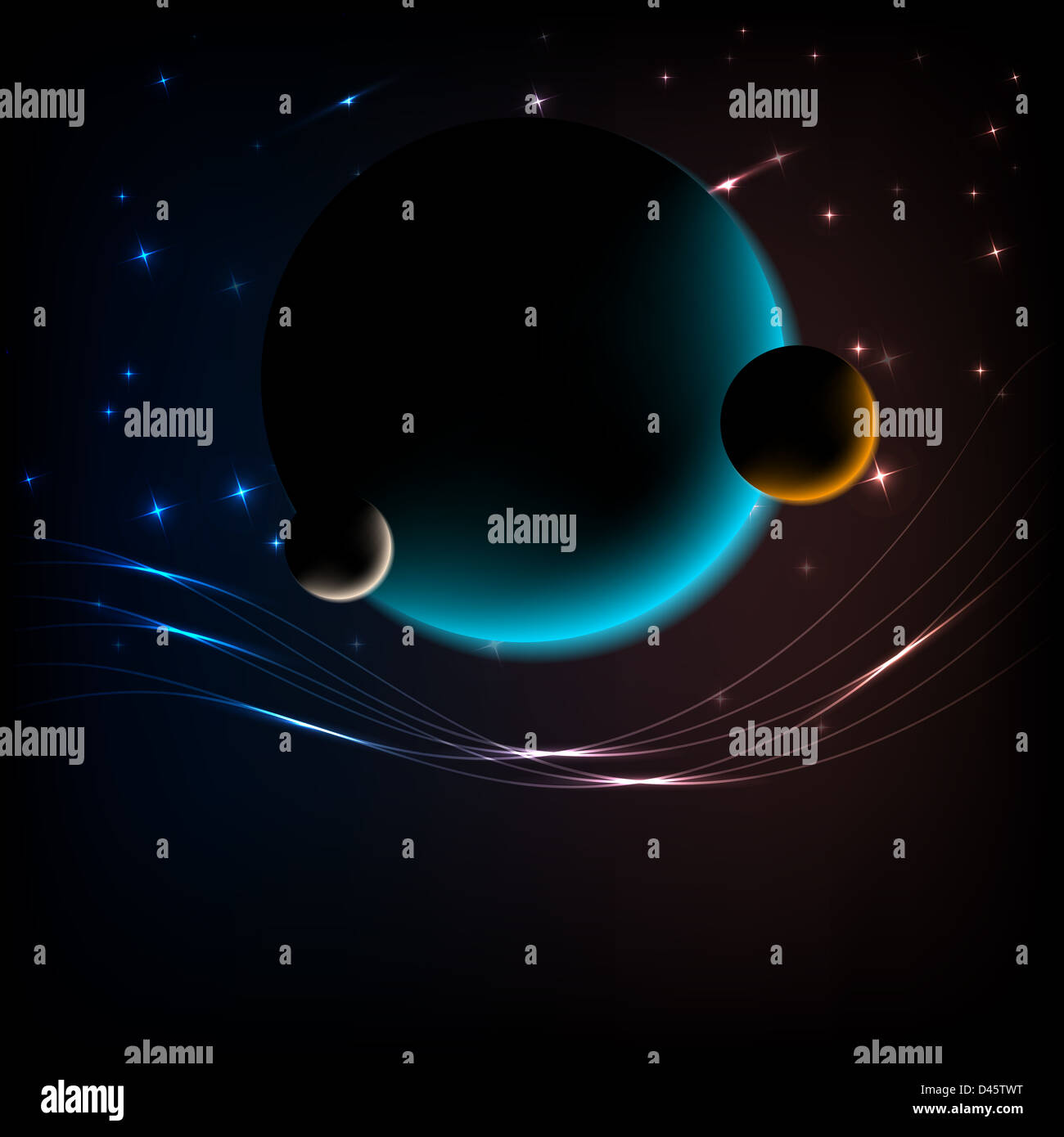 Space Background with 3 planets, glow lines and space for text Stock ...