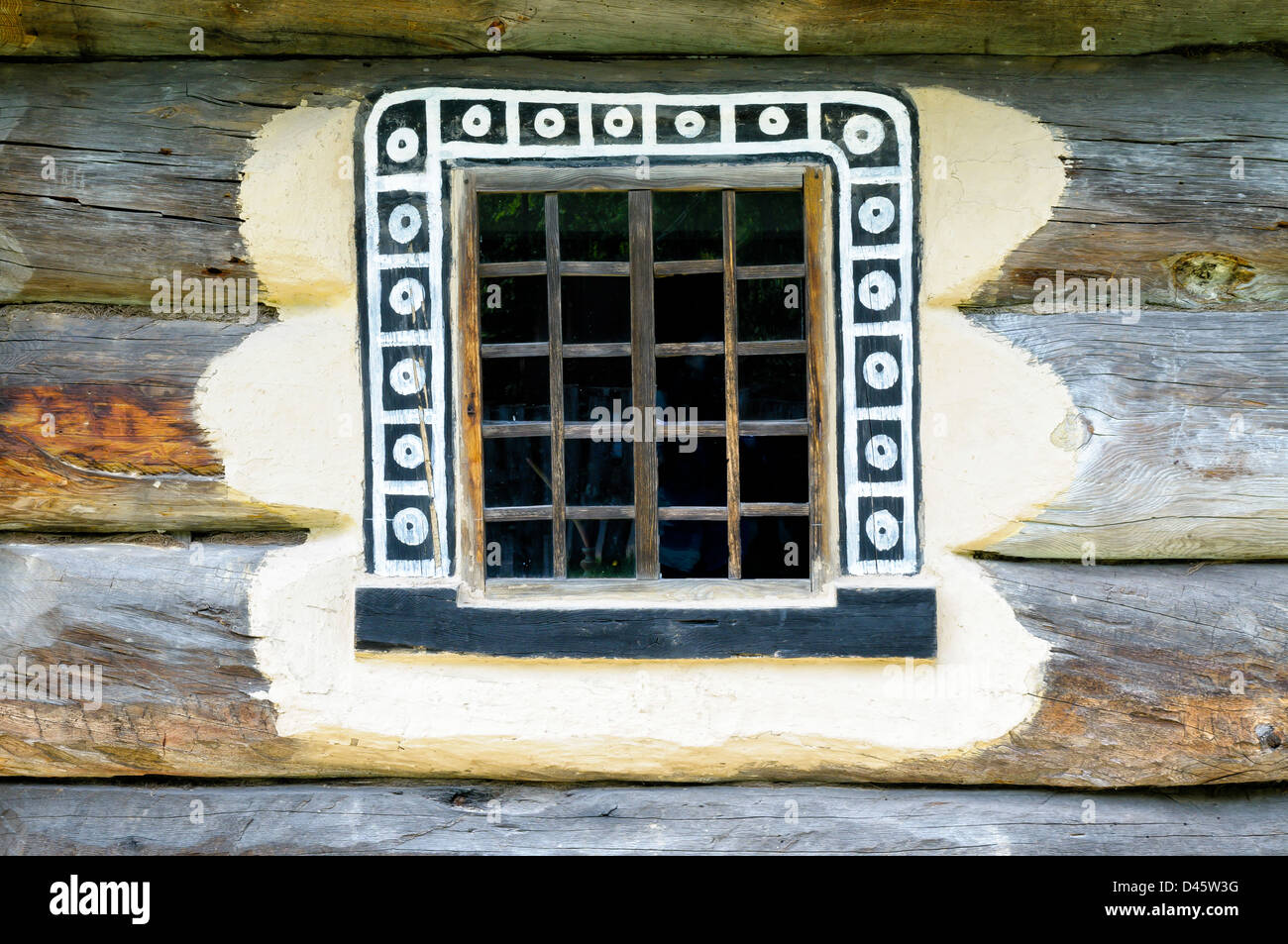 Detail of a window of a typical ukrainian antique house, in Pirogovo ...