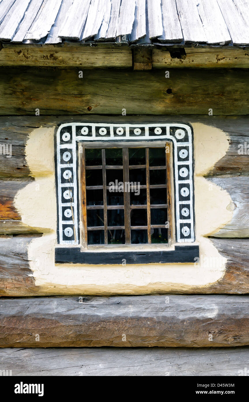 Detail of a window of a typical ukrainian antique house, in Pirogovo ...