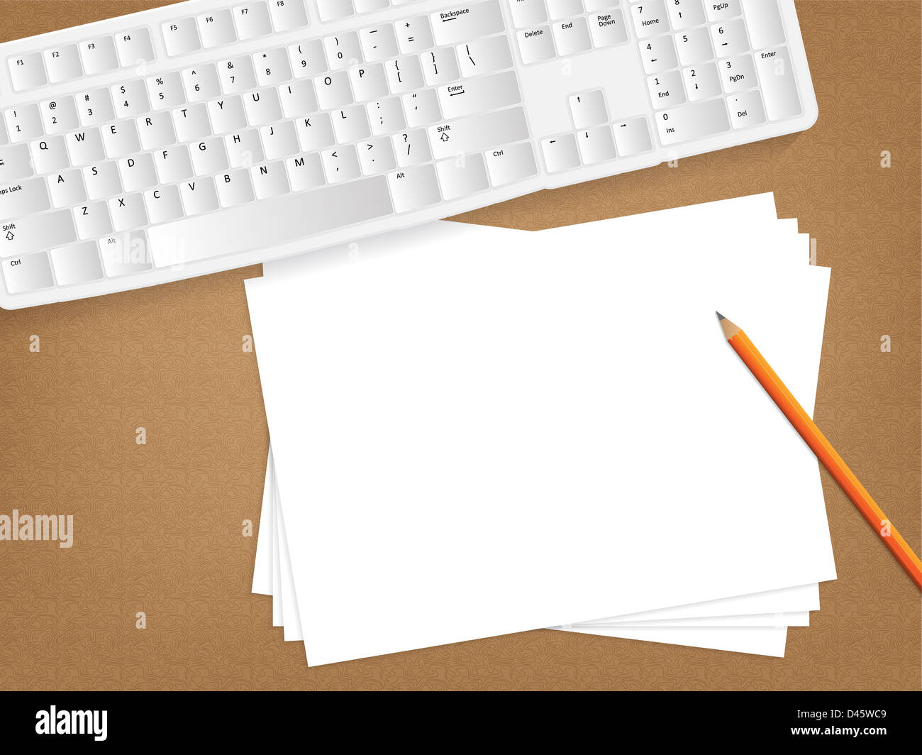 Desk concept with a blank paper and a keyboard on the upper left corner ...