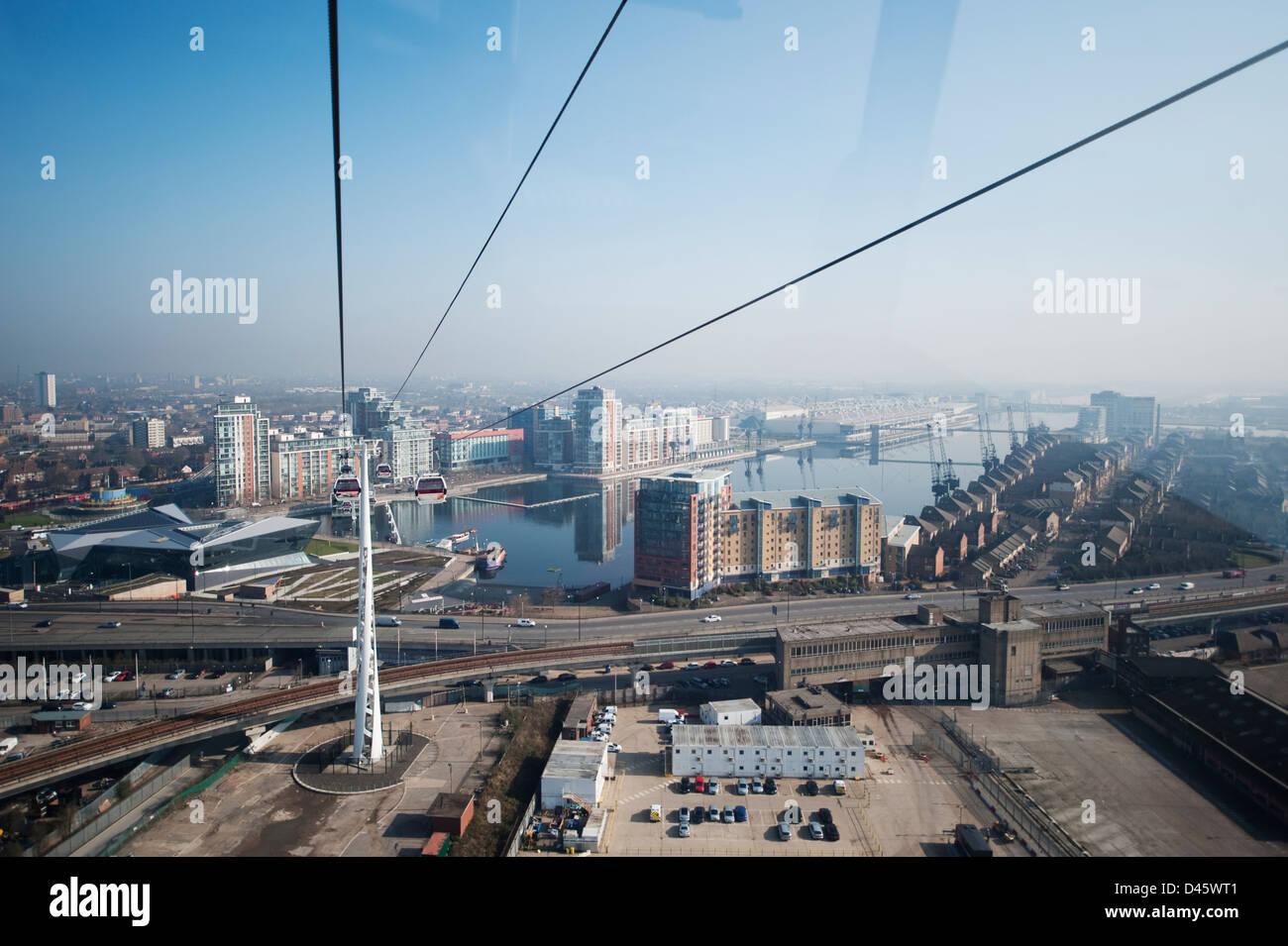 Aerial view north from the Emirates Air Line cablecar above the dlr ...