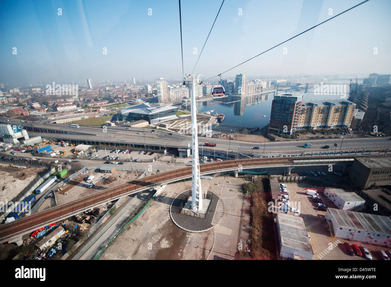 Aerial view north from the Emirates Air Line cablecar above the dlr ...