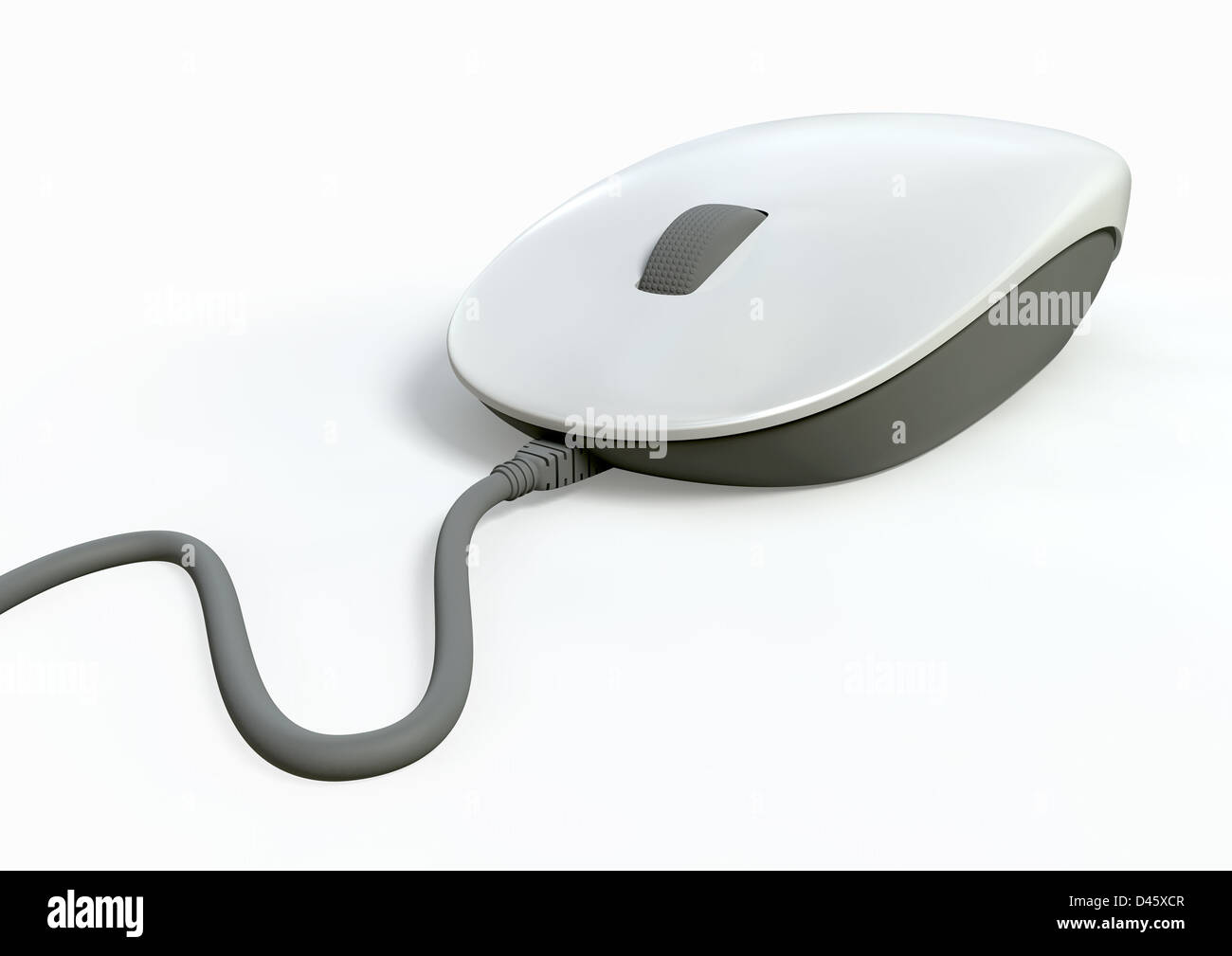 A front view of a white and grey plastic computer mouse with a scolling ...