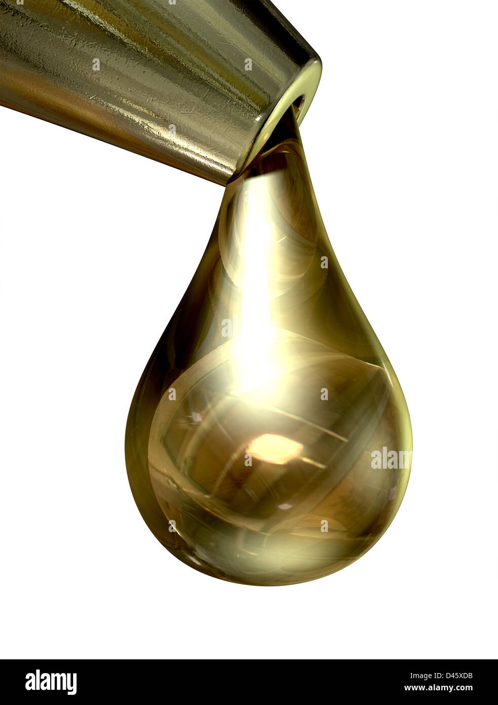 An extreme close up of a oil cans nozzle with a drop of oil dripping ...