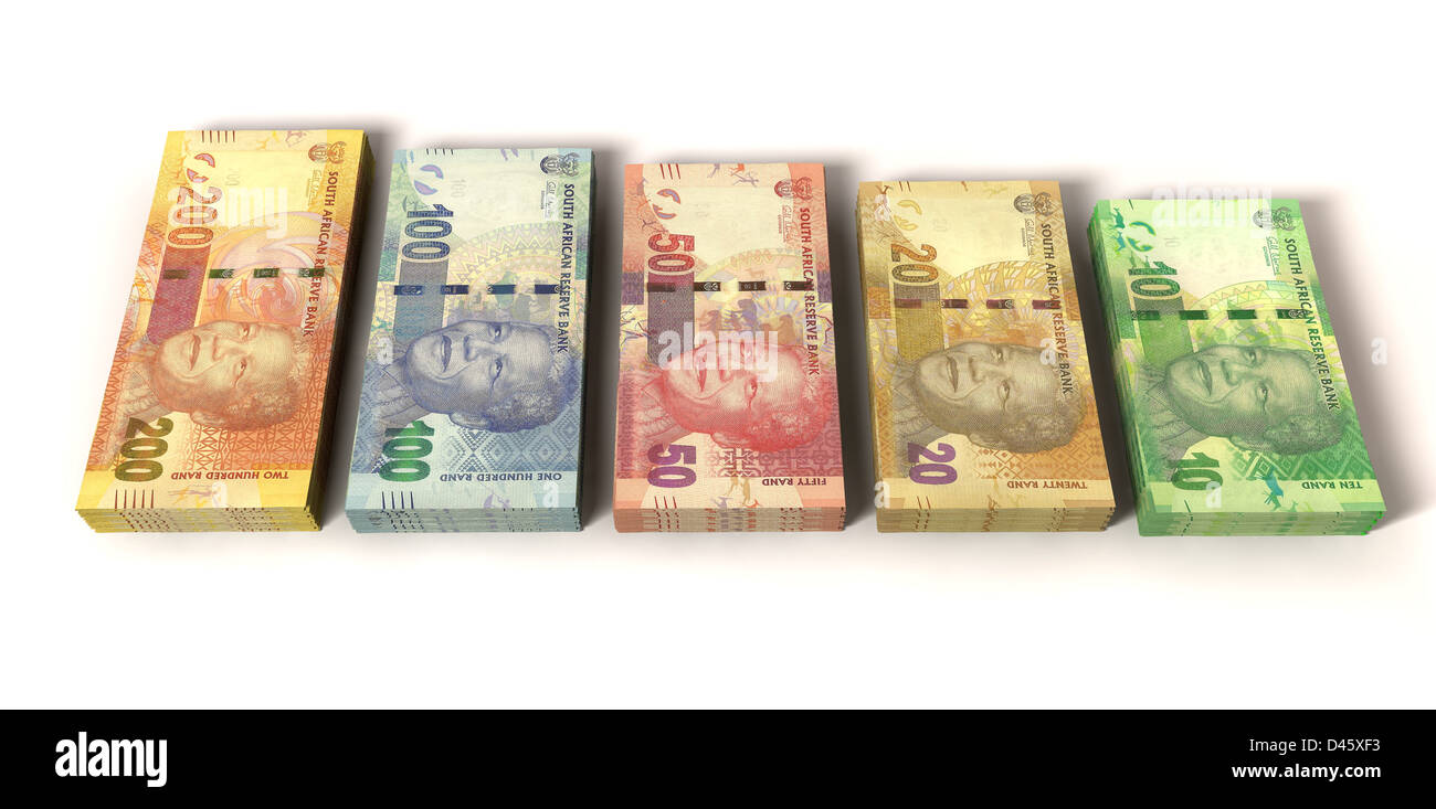 An assortment of all new south african notes in stacks depicting nelson ...
