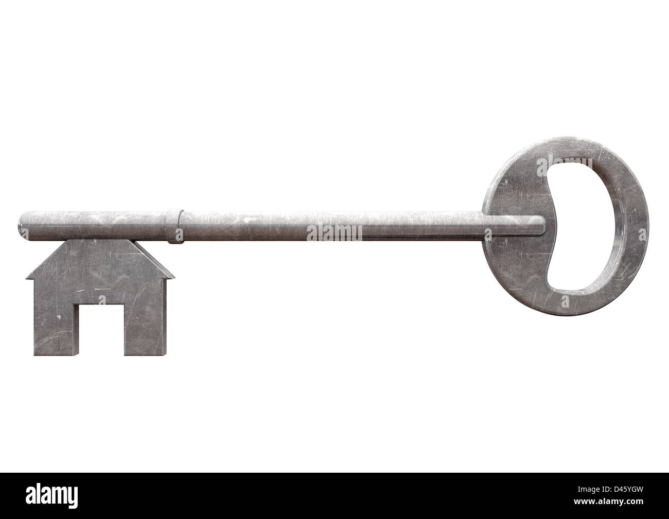 A front view of a concept metal key with the teeth resembling a house ...