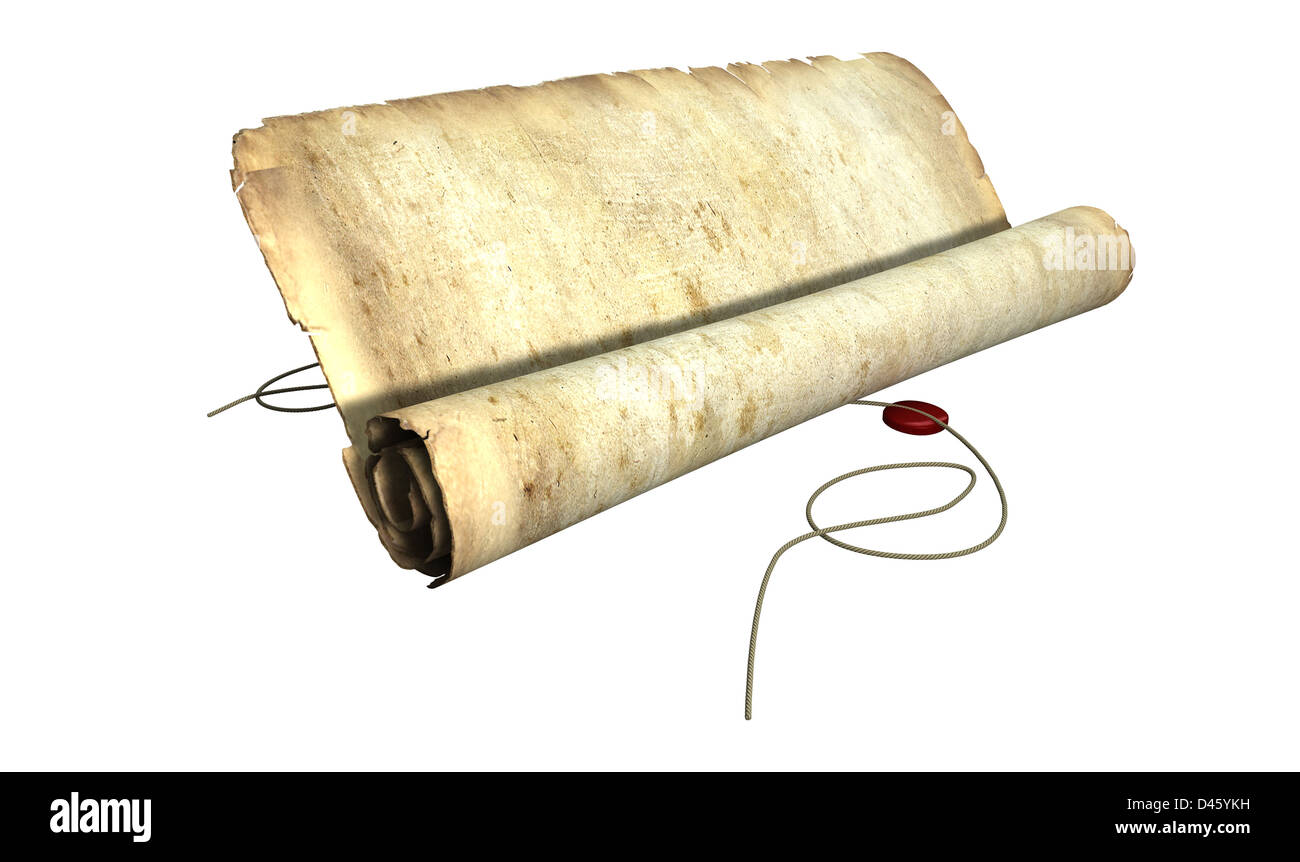 An old weathered scroll type paper unwinding with string and a seal in ...