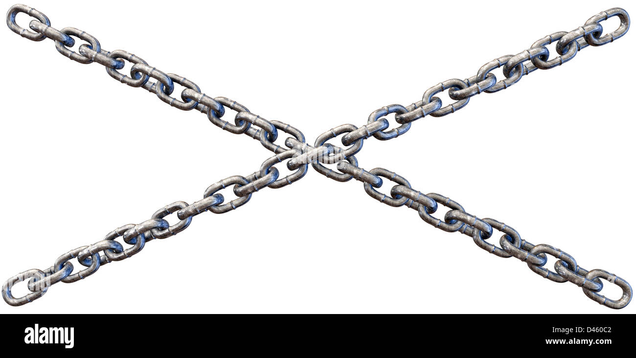 Two regular scratched metal chains crossing each other on an isolated ...