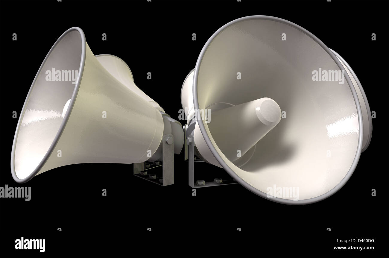 An array of five horn loudspeakers in a circle facing outwards on an ...